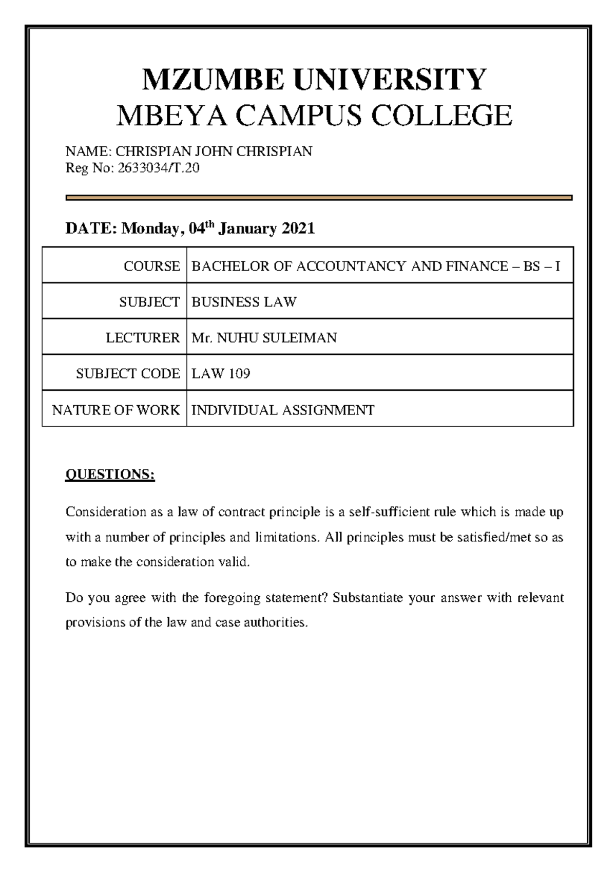 Chris Law Assignment - MZUMBE UNIVERSITY MBEYA CAMPUS COLLEGE NAME ...