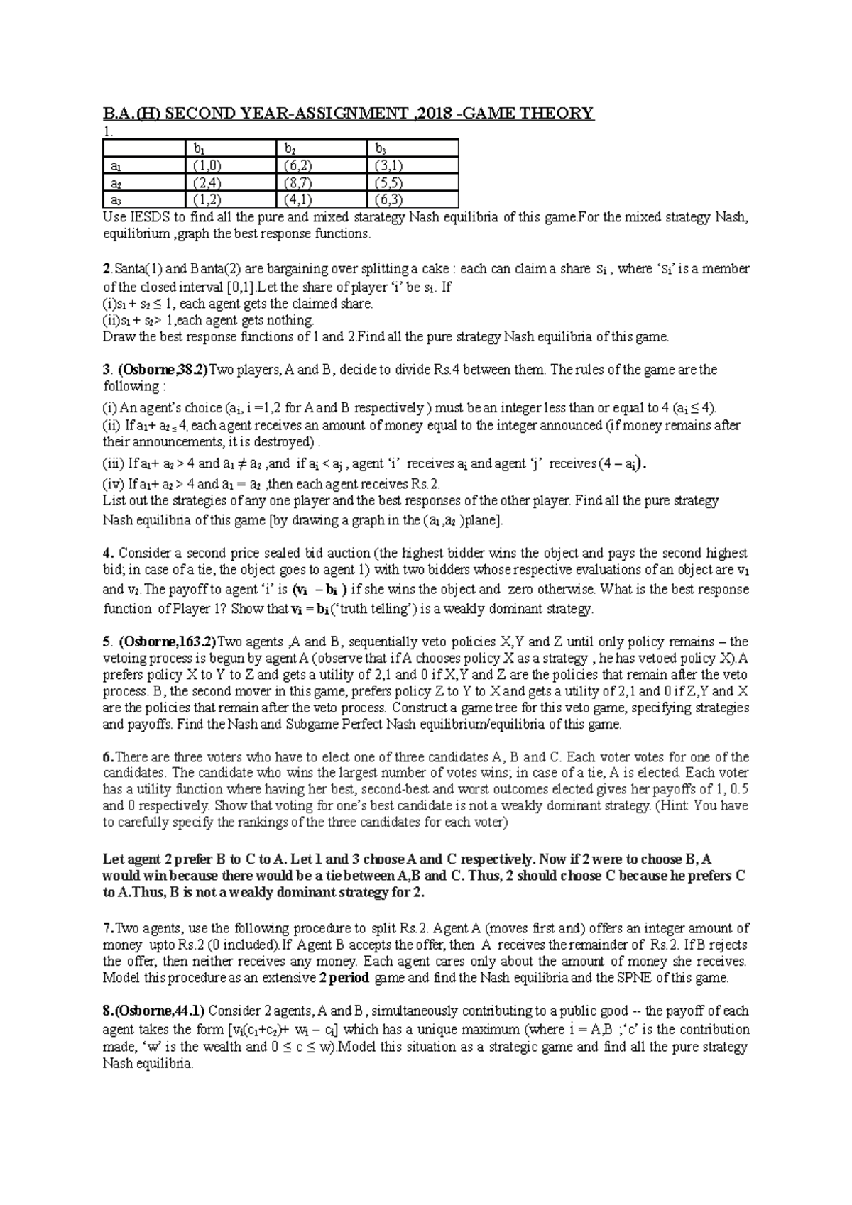 Assignment 3-2023-Game Theory - B.(H) SECOND YEAR-ASSIGNMENT ,2018 ...