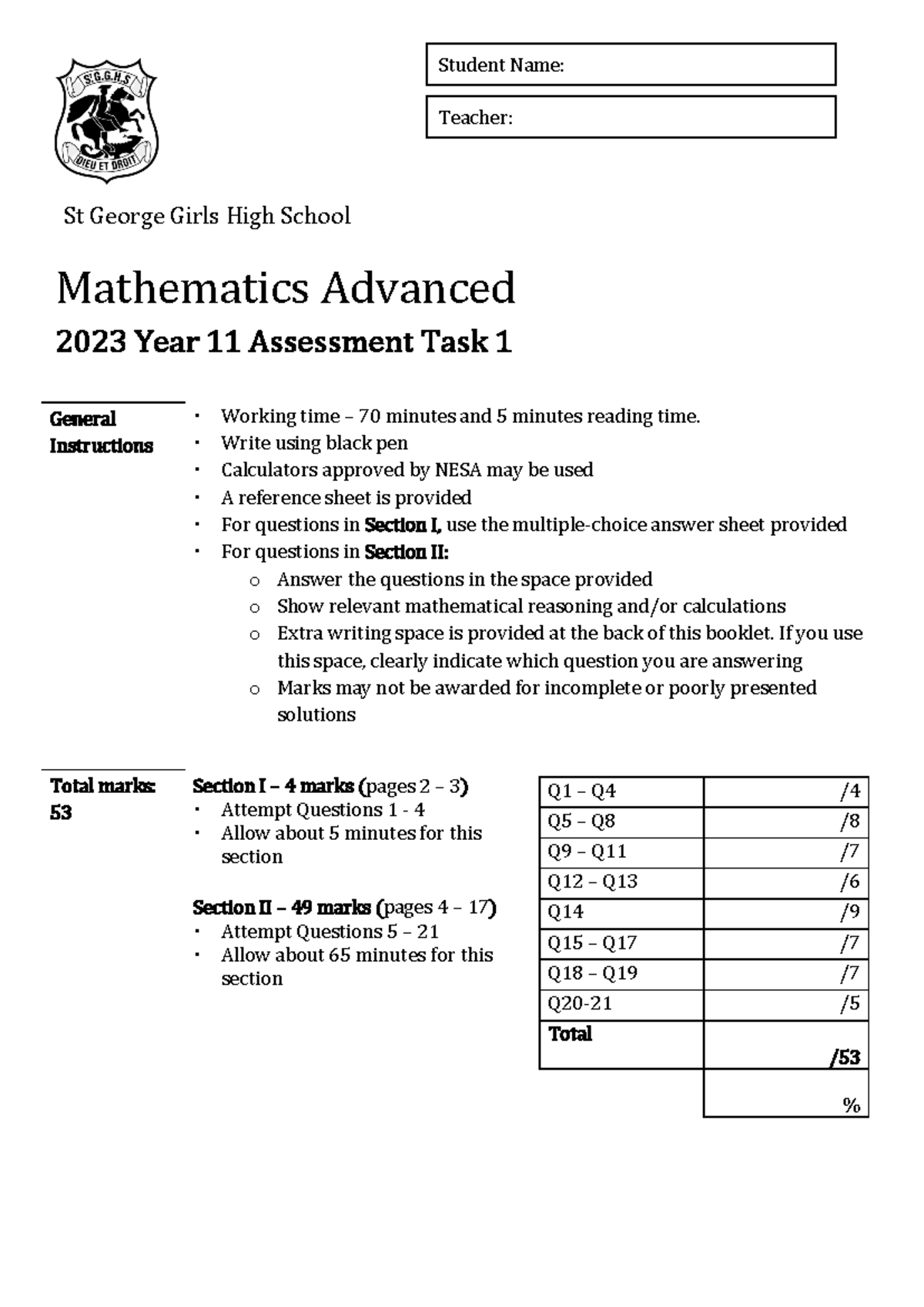 11MAT CT1 2023 final - St George Girls High School Mathematics Advanced 2023 Year 11 Assessment ...
