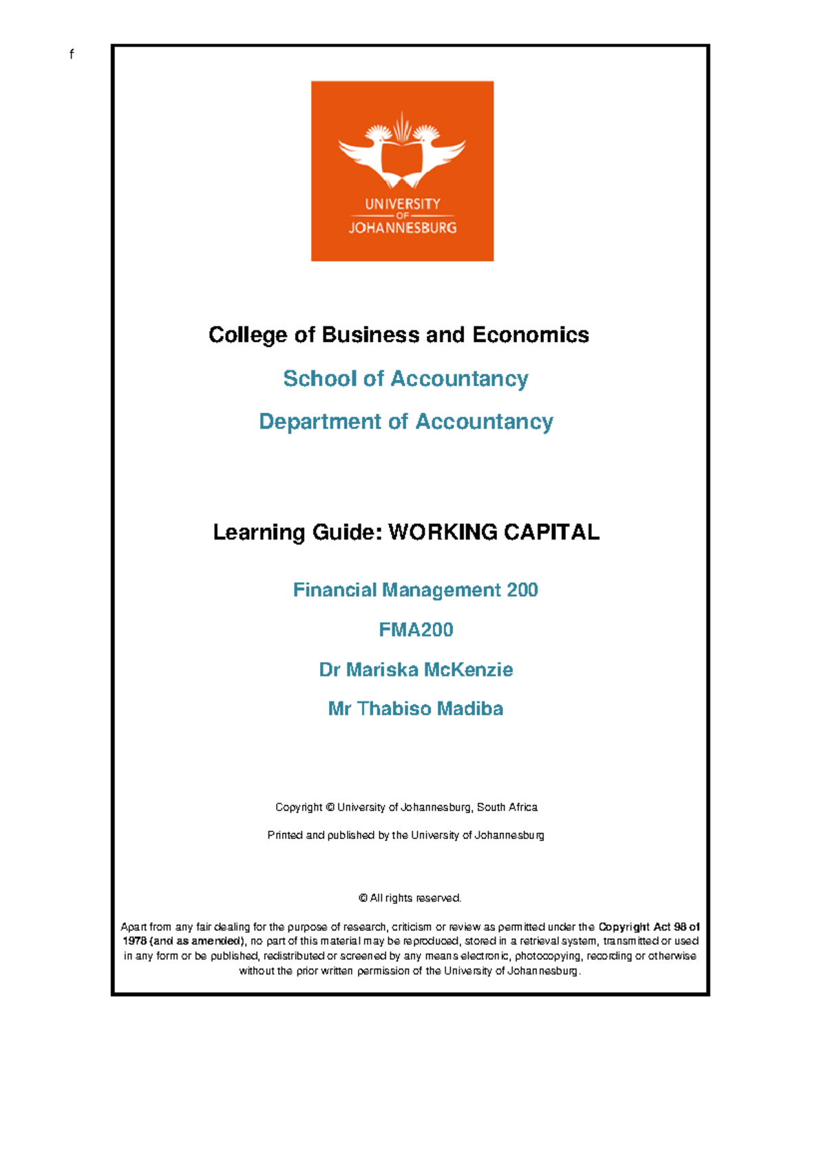 Working capital learning guide - f College of Business and Economics ...
