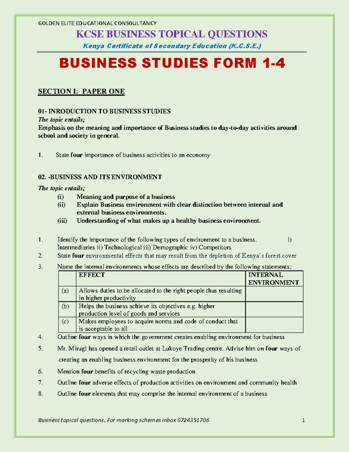 KCSE Business Topical Questions - GOLDEN ELITE EDUCATIONAL CONSOULTANCY ...