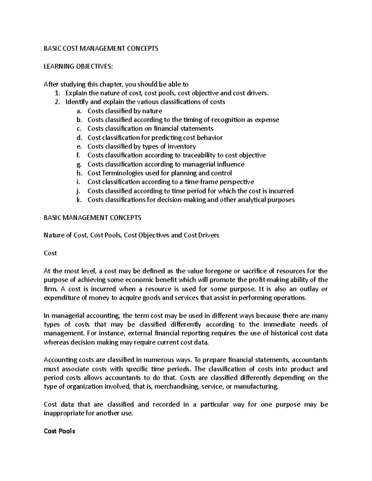 Handout 5 (Basic Cost Management Concepts) - BASIC COST MANAGEMENT ...