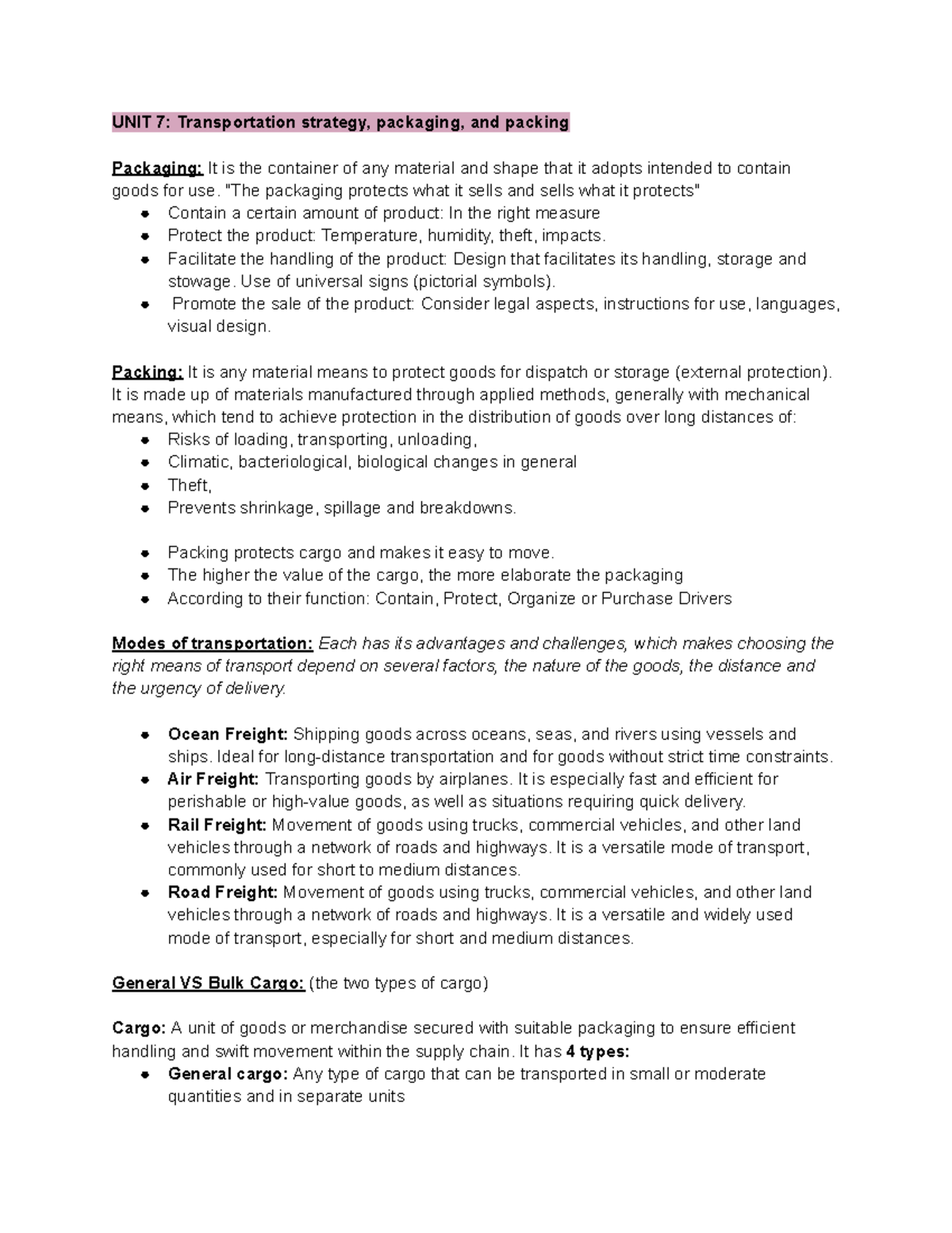 glob logistics - UNIT 7: Transportation strategy, packaging, and ...