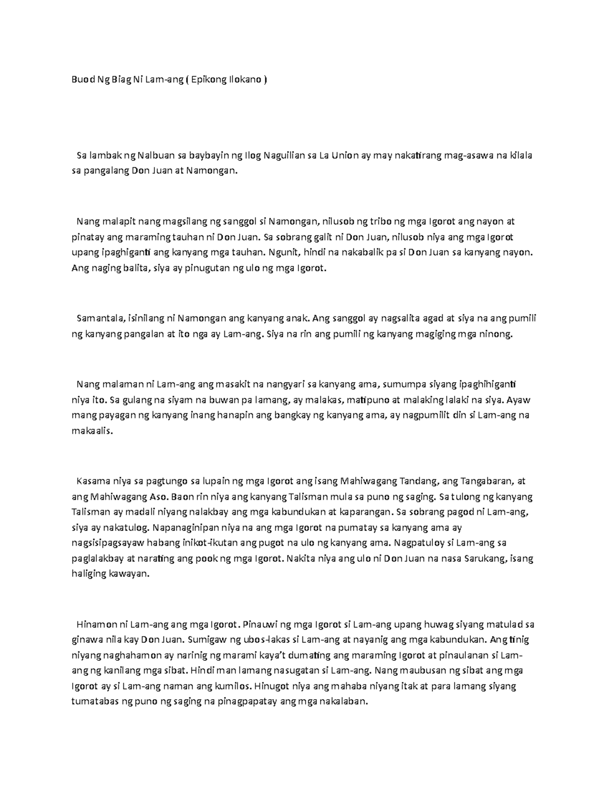 Buod Ng Biag Ni Lam-ang - A brief summary for one of the Philippines ...