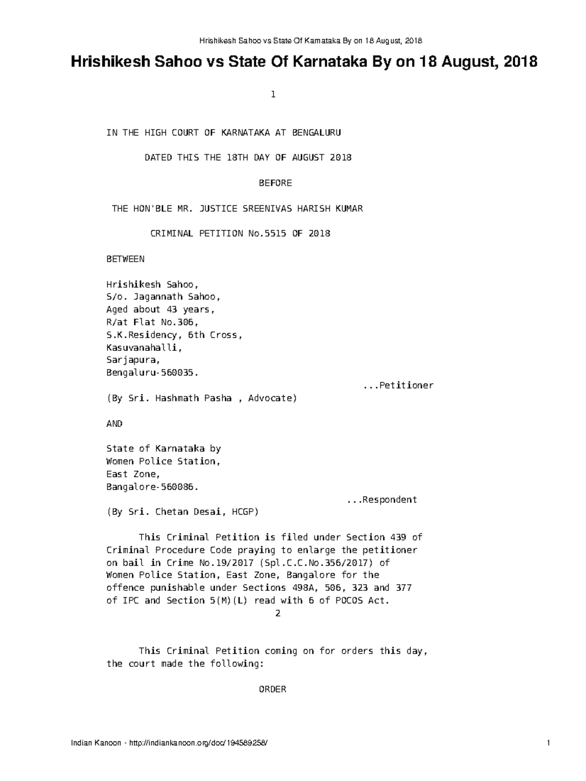 Hrishikesh Sahoo vs State Of Karnataka By on 18 August 2018 ...