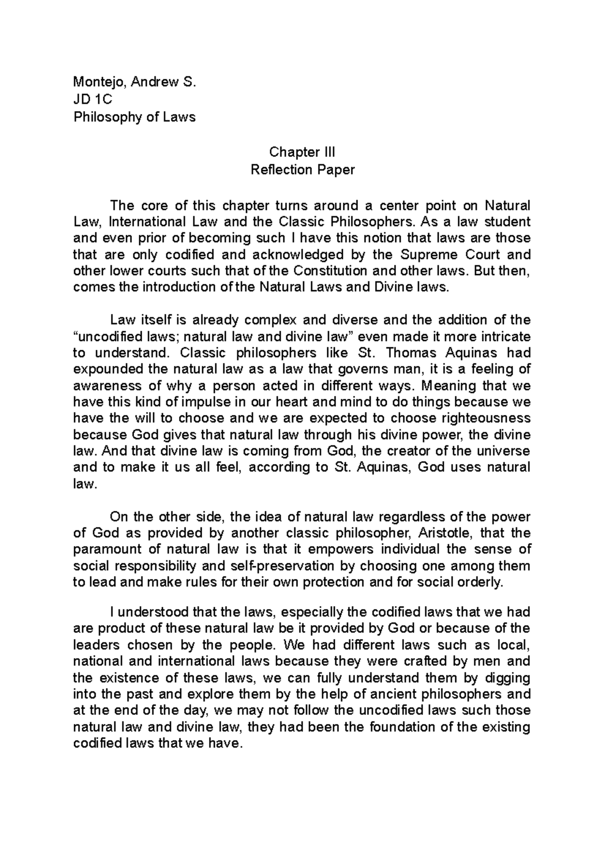 Reflection paper chapter 3 and 4 - Montejo, Andrew S. JD 1C Philosophy ...