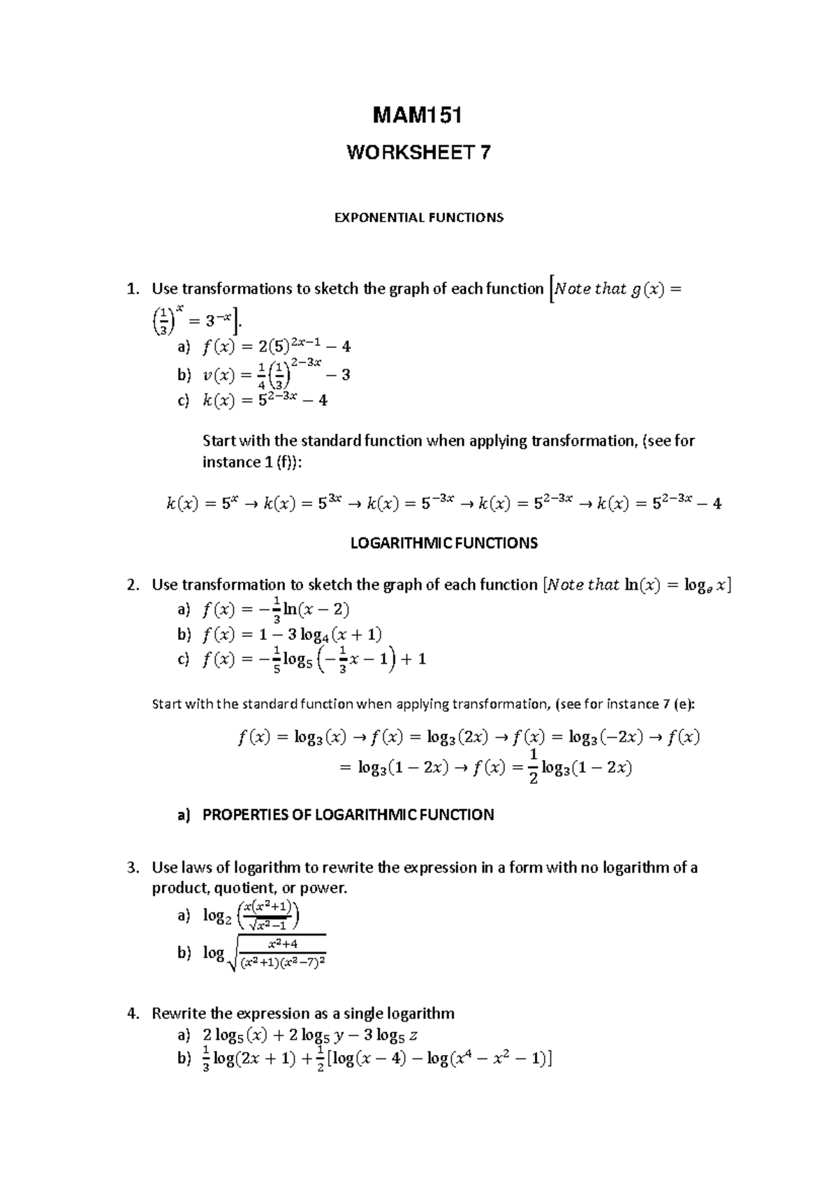 MAM151 - MAM WORKSHEET 7 EXPONENTIAL FUNCTIONS Use transformations to ...