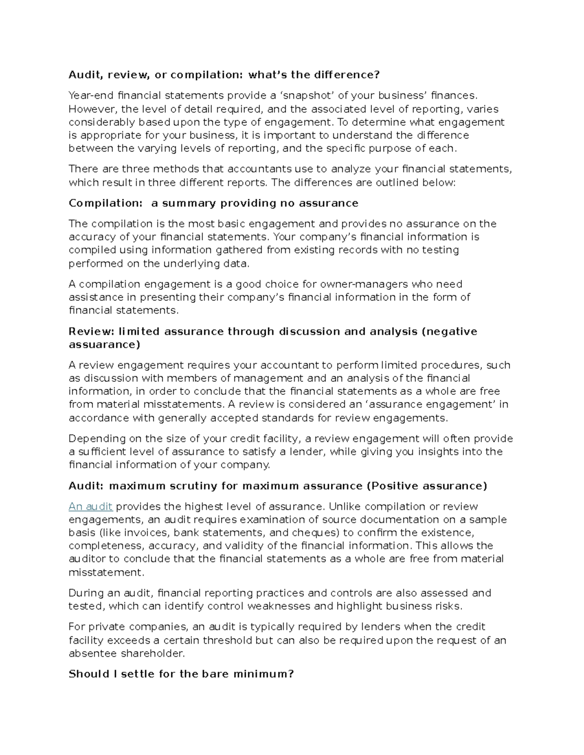 Audit vs Review vs Compilation - Audit, review, or compilation: what’s ...