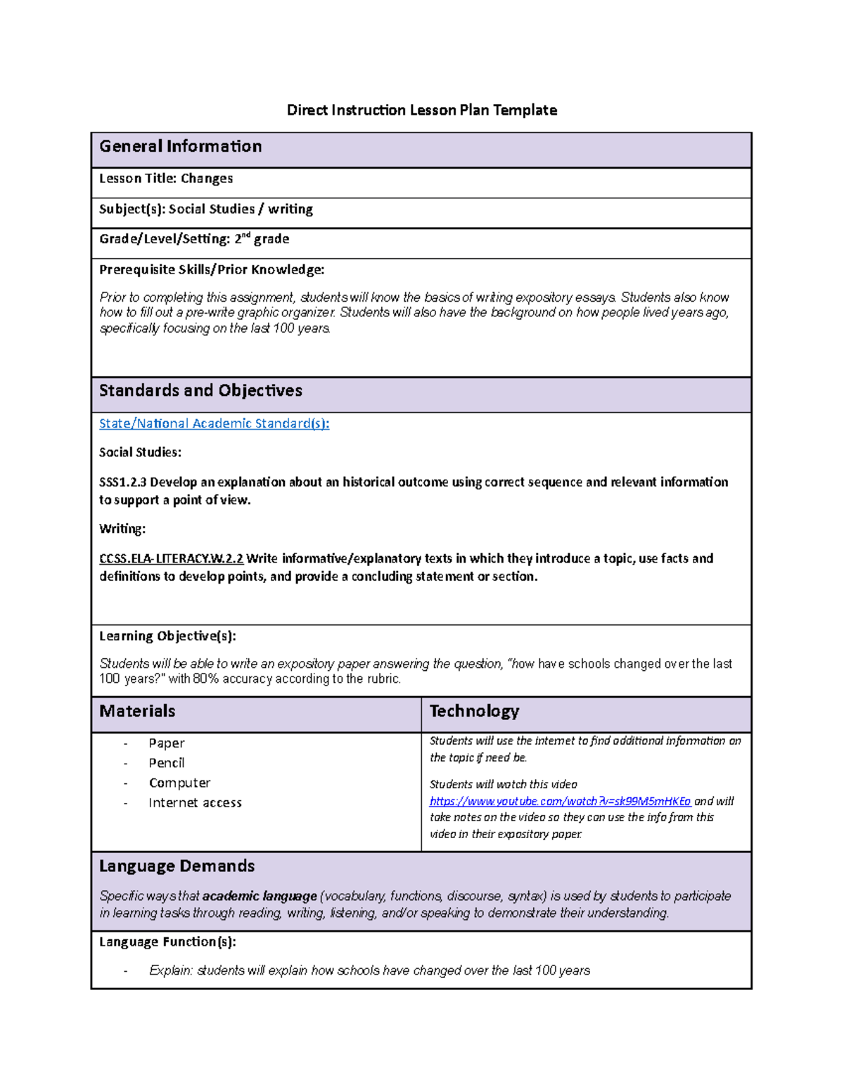 Disciplinary Writing (Grace) - Direct Instruction Lesson Plan Template ...