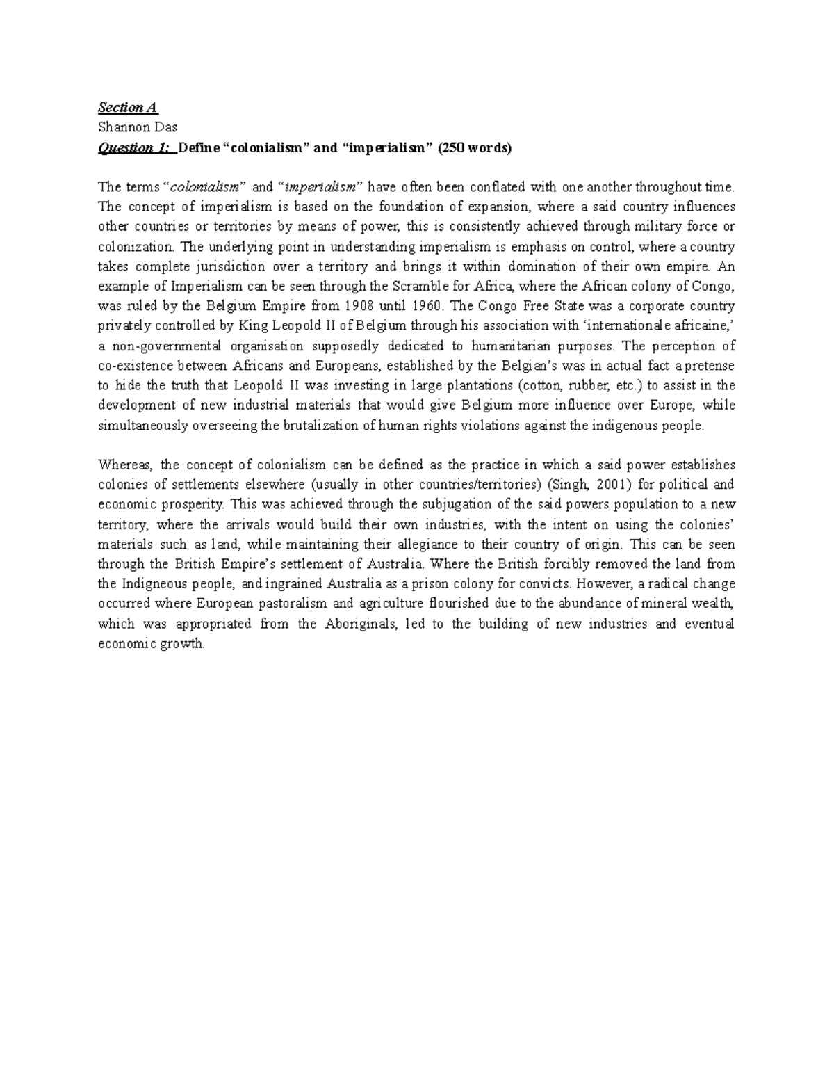 Assessment Task 1 Answers and Questions - Section A Shannon Das ...