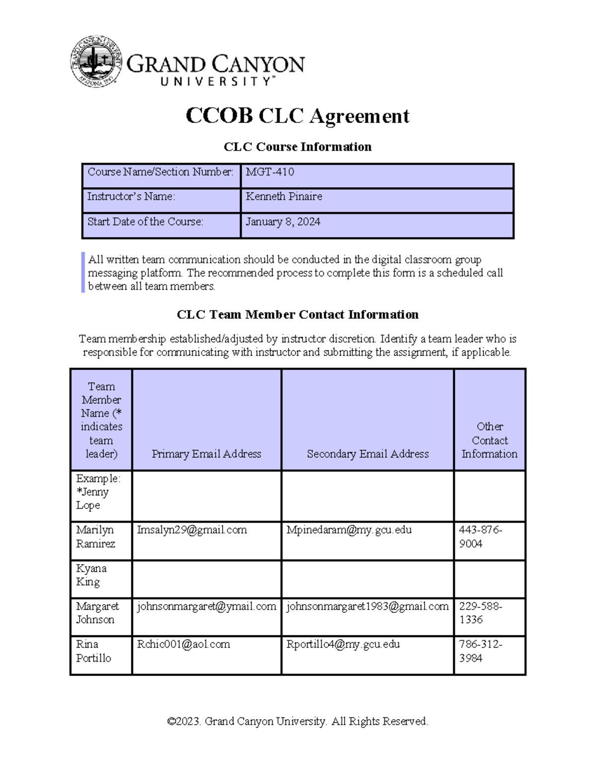 CCOB CLC Agreement Form - CCOB CLC Agreement CLC Course Information ...