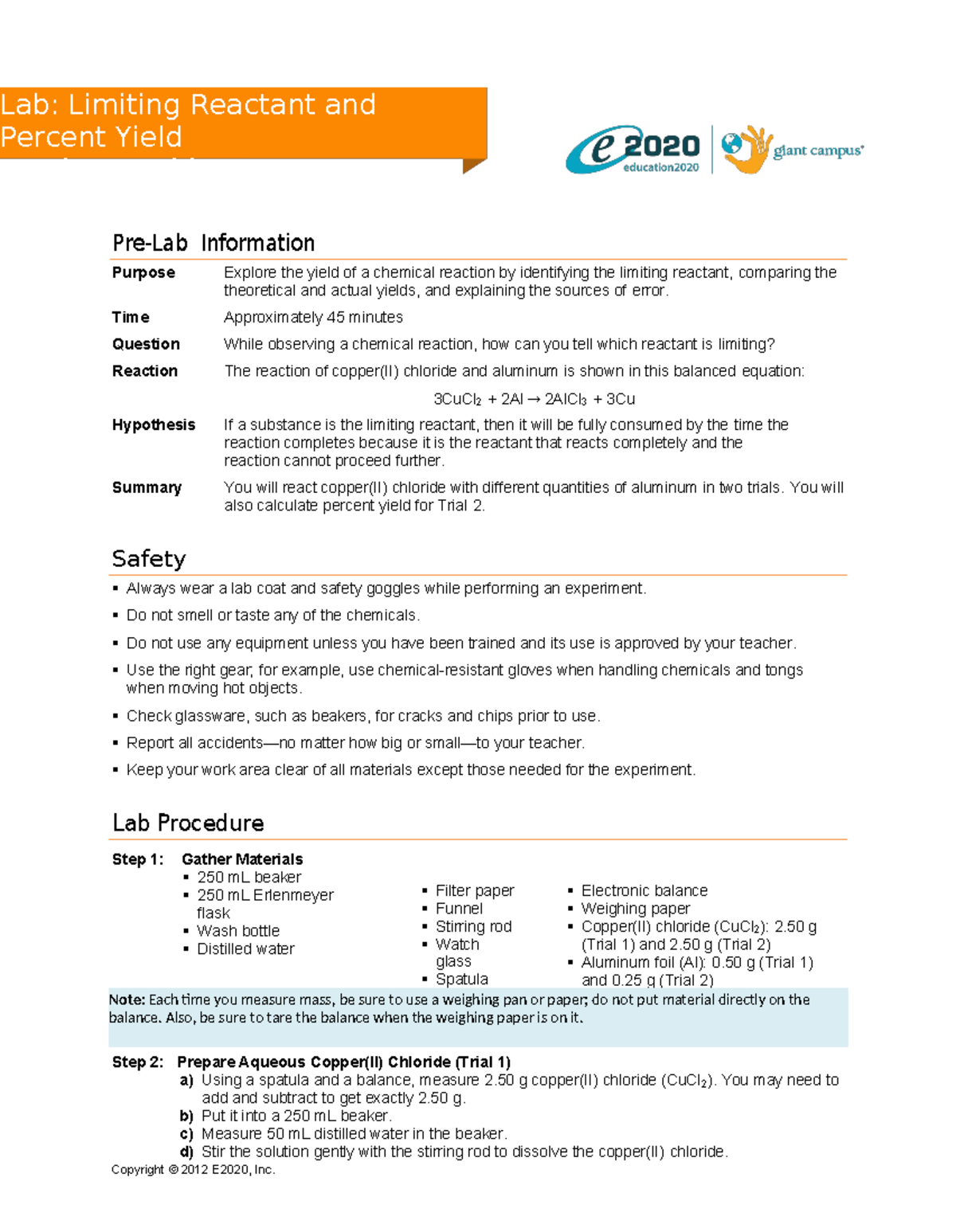 Chemistry Lab Limiting Reactantand Percent Yield - Copyright © 2012 ...