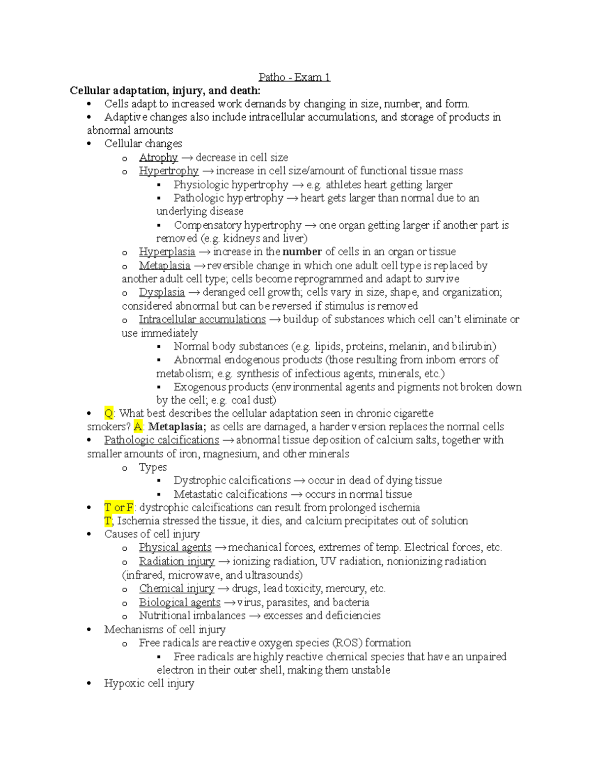 Patho exam1 - Prof Lisa Soontupe - Patho - Exam 1 Cellular adaptation ...