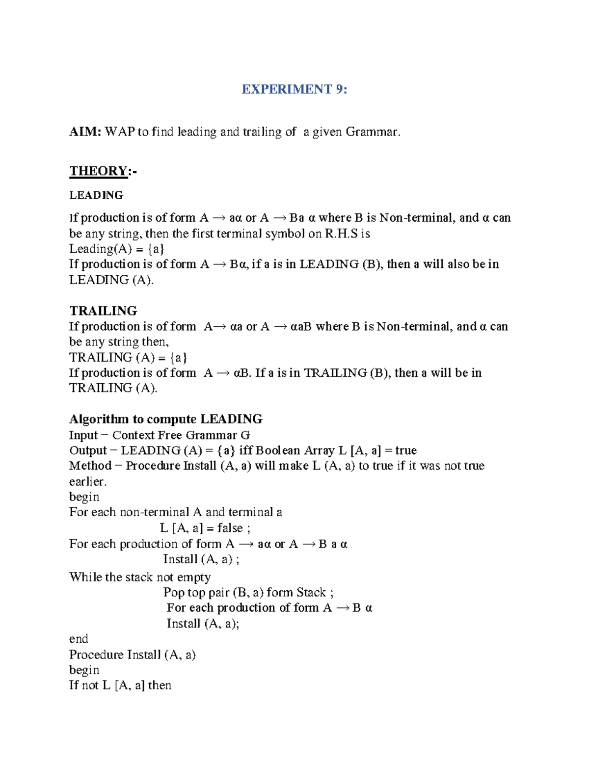 Lab 9 CC - compiler - EXPERIMENT 9: AIM: WAP to find leading and ...