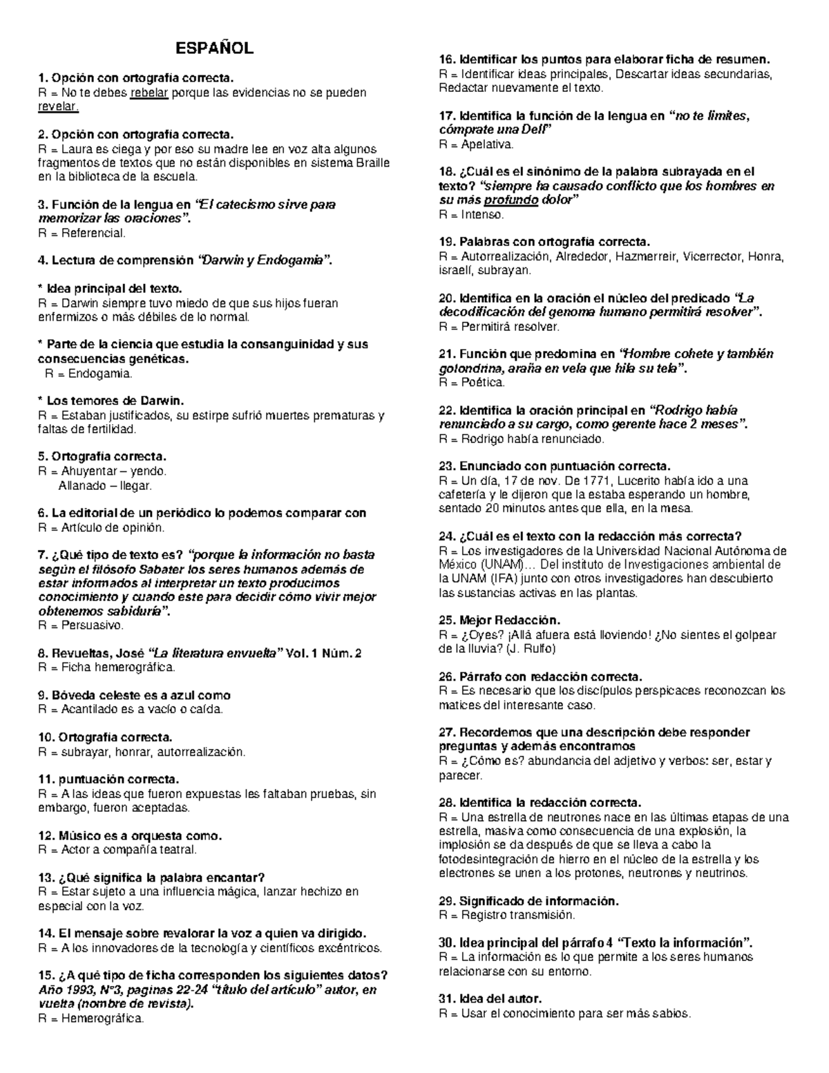 EspañOL - Preguntas Español para examen UNAM - ESPAÑOL Opción con ...