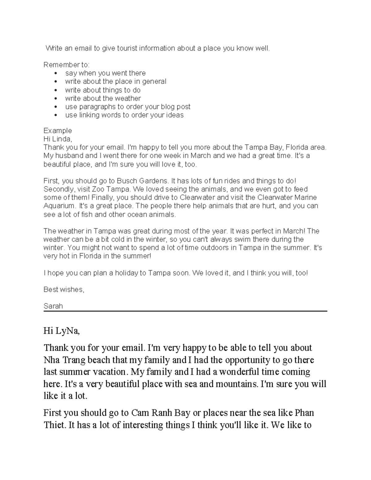 Writting - êglish - Write an email to give tourist information about a ...