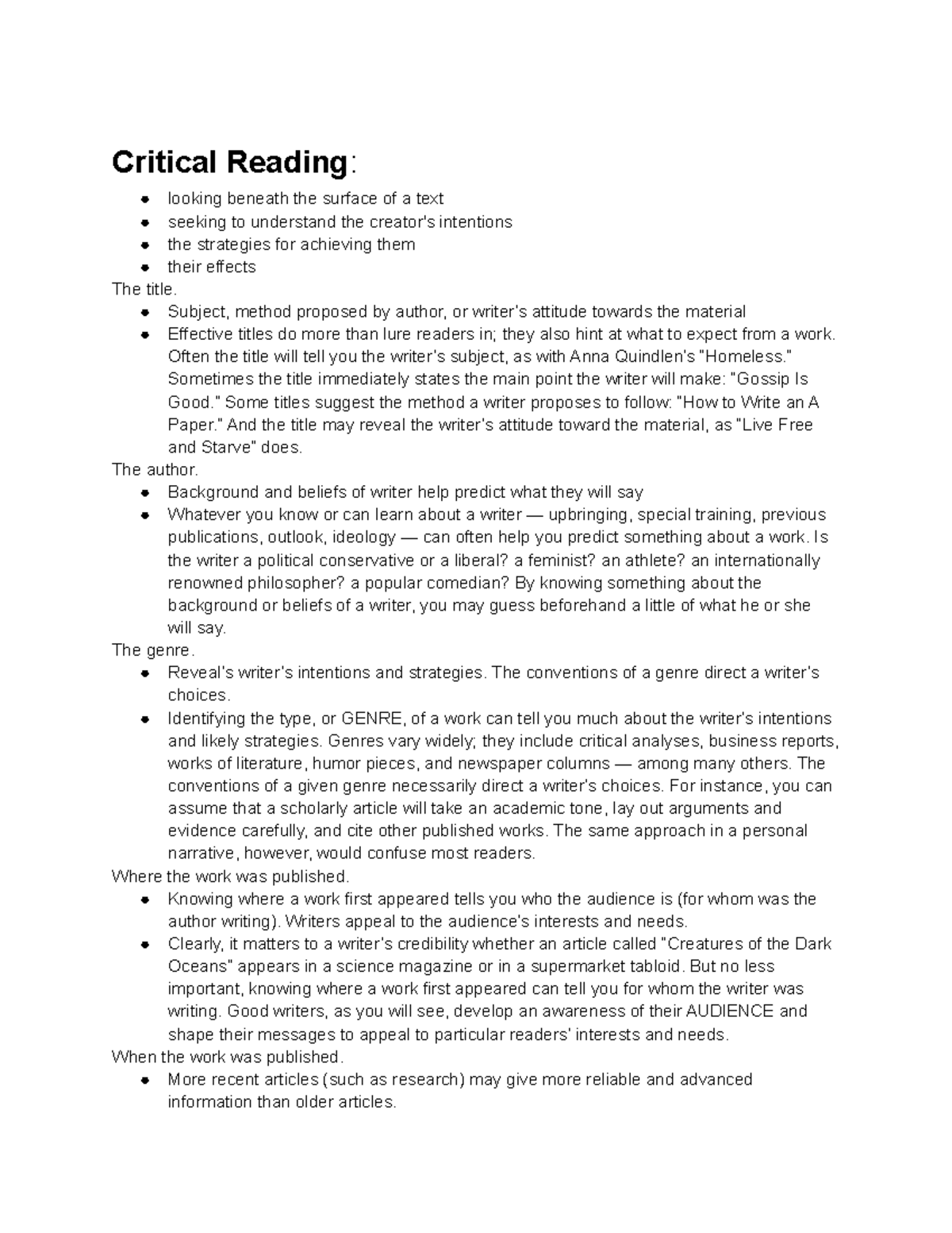 Critical Reading - The Bedford Reader - Comp I - Critical Reading ...