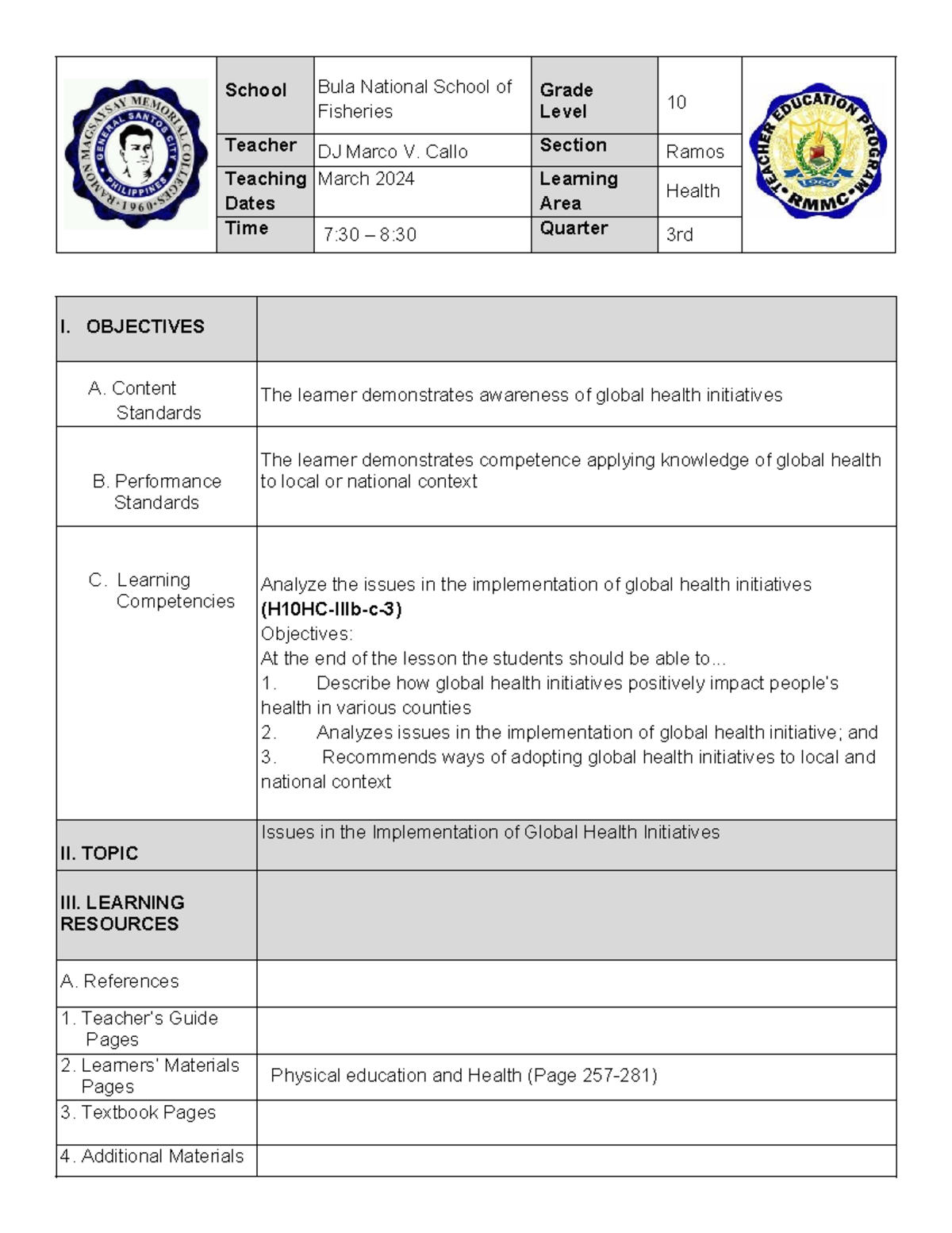 Real-Lesson-Plan - Lesson plan - School Bula National School of ...