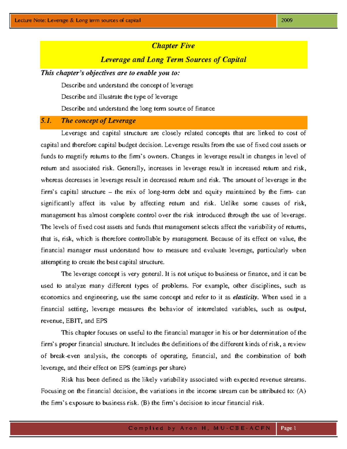 Microsoft Word - Chapter 5 Leverage - Chapter Five Leverage and Long Term Sources of Capital ...