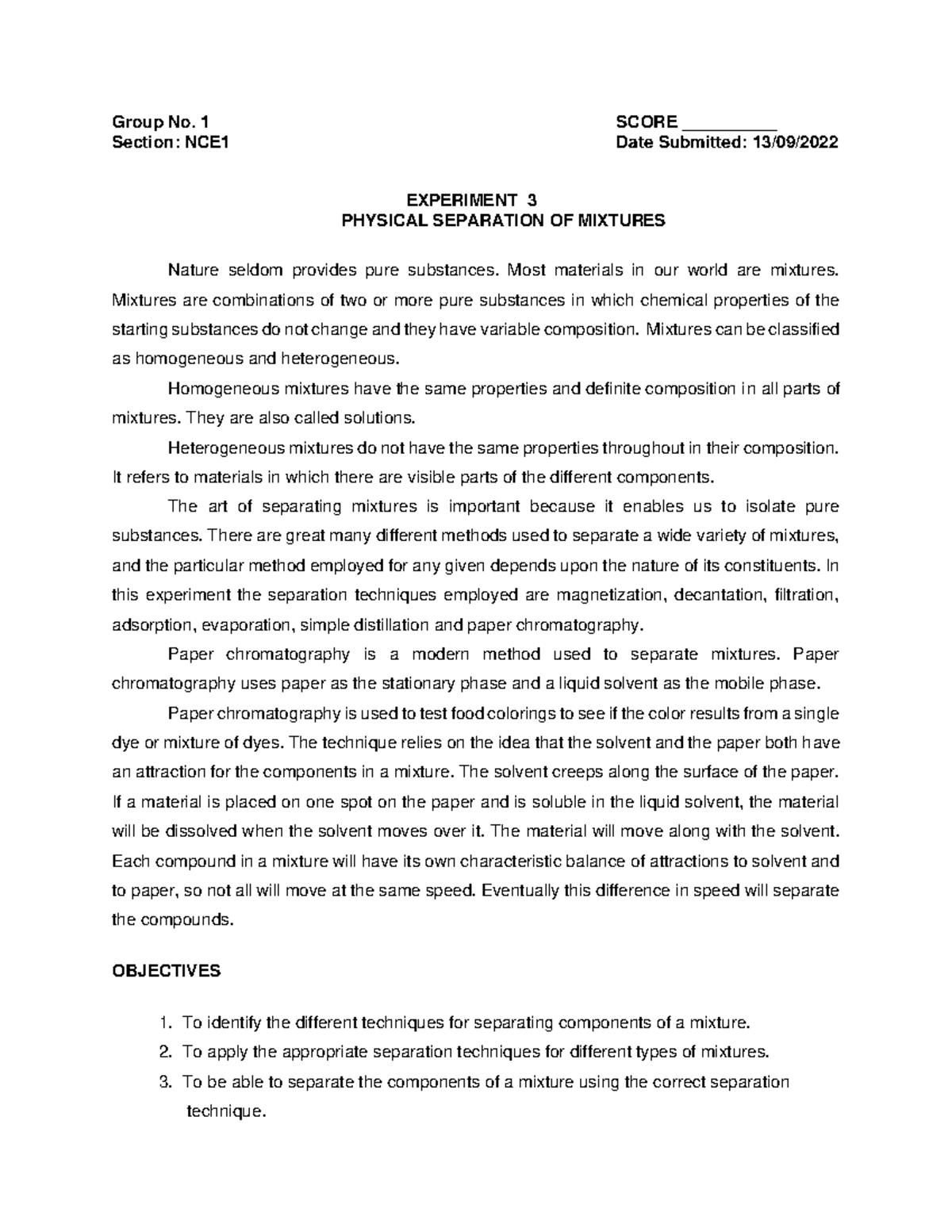 Experiment-No - CHEMISTRY - Group No. 1 SCORE __________ Section: NCE1 ...
