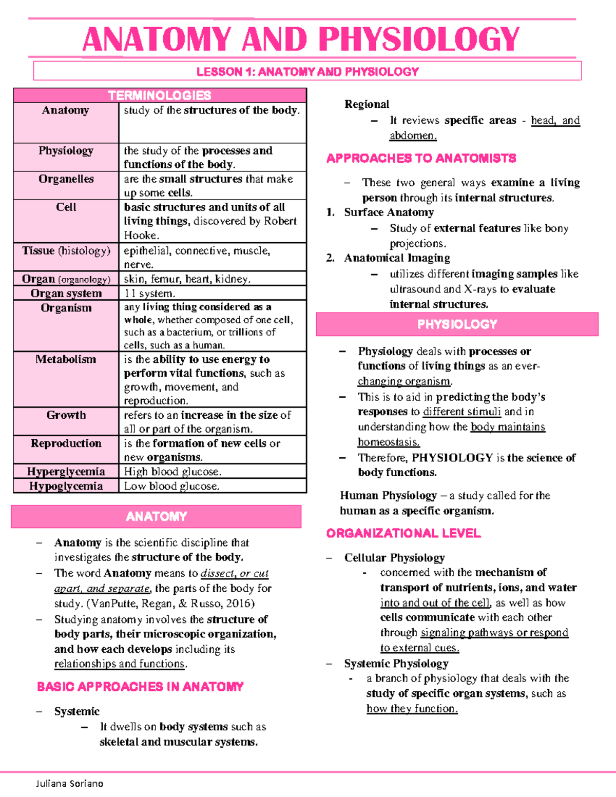 Anaphy- Prelims- Notes - ANATOMY AND PHYSIOLOGY TERMINOLOGIES Anatomy ...