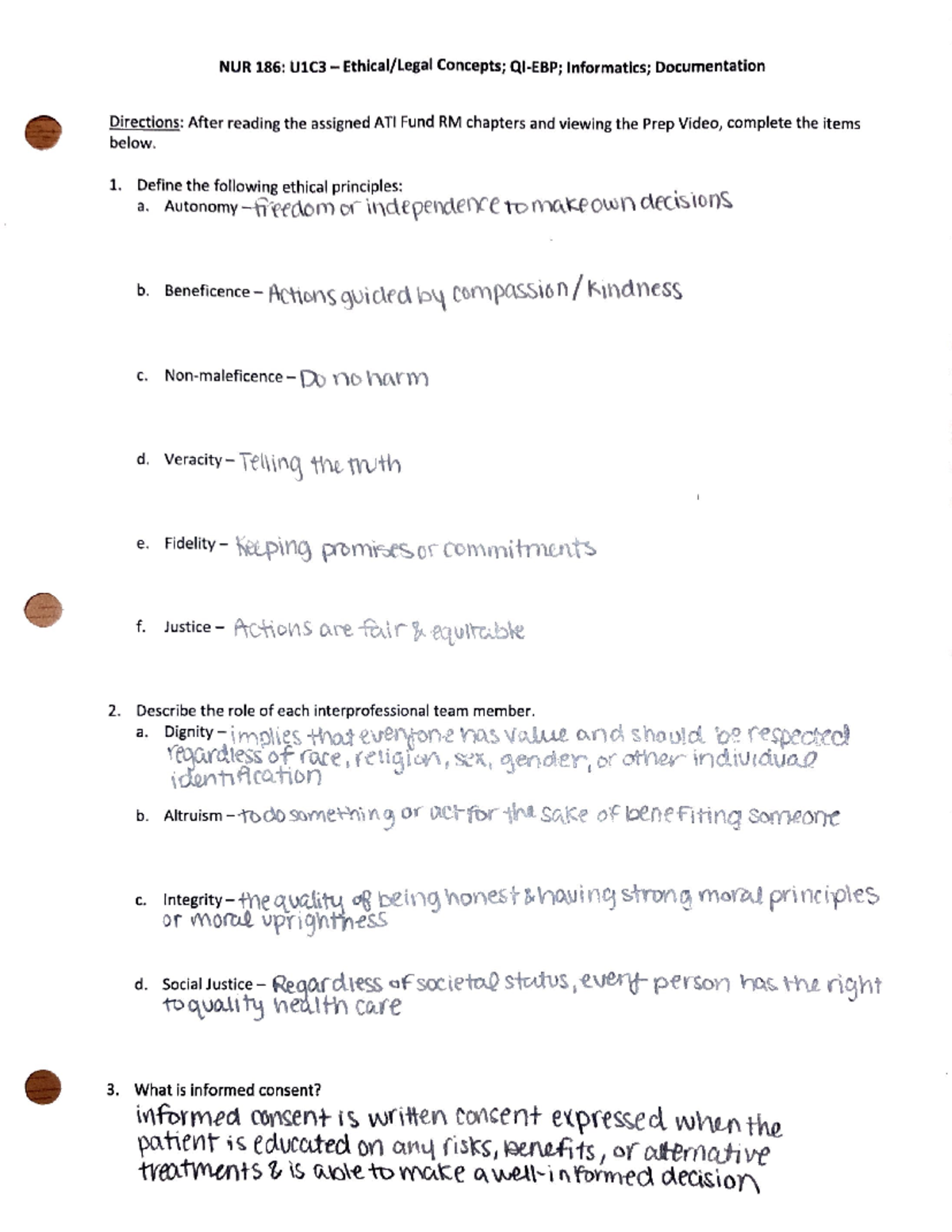 U1C3 Prep Worksheet - Ethical/Legal Concepts: QI-EBP, informatics ...