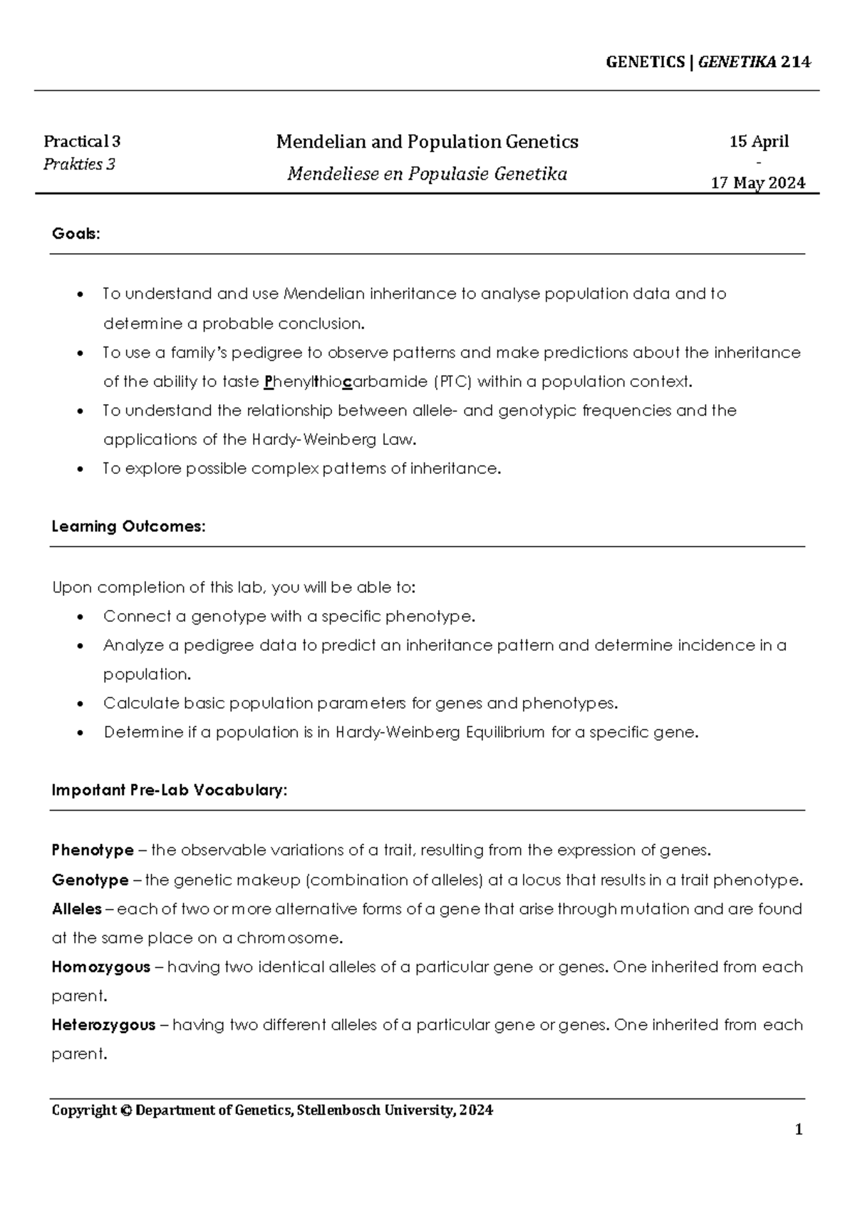 Laboratory Practical 3 - Mendelian and Population Genetics-2024 ...