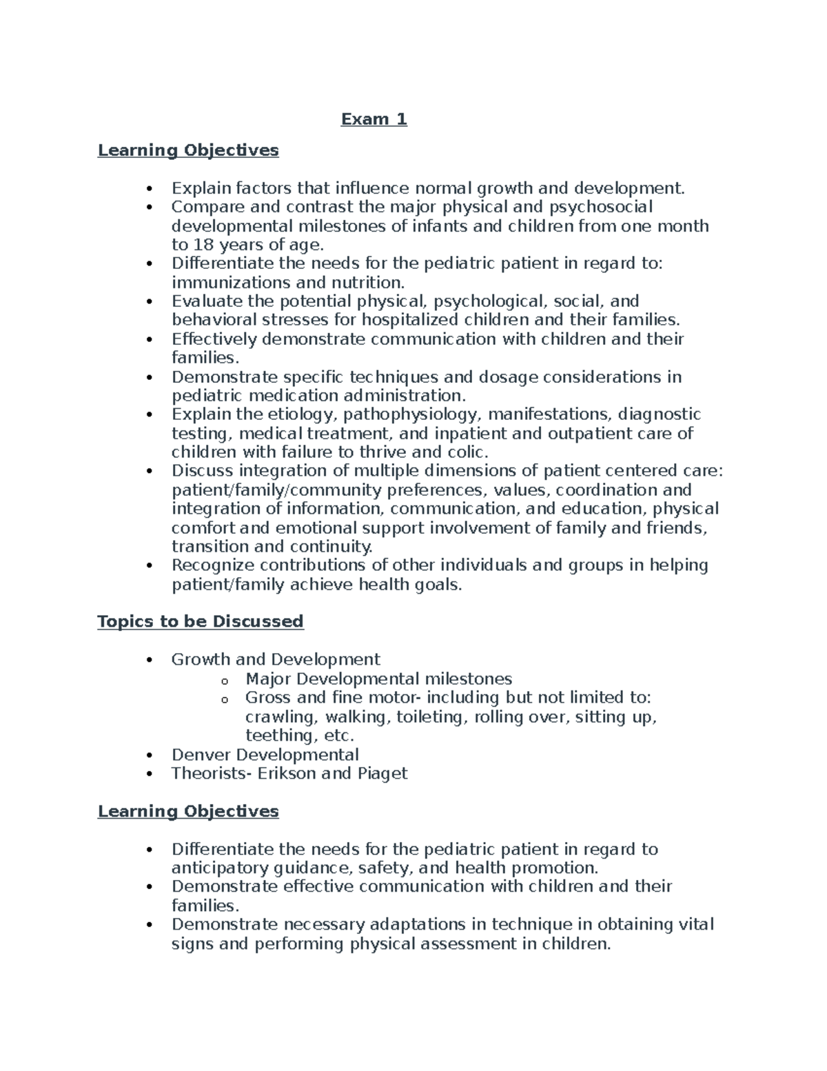 Peds Exam 1 learning objectives - Exam 1 Learning Objectives Explain ...
