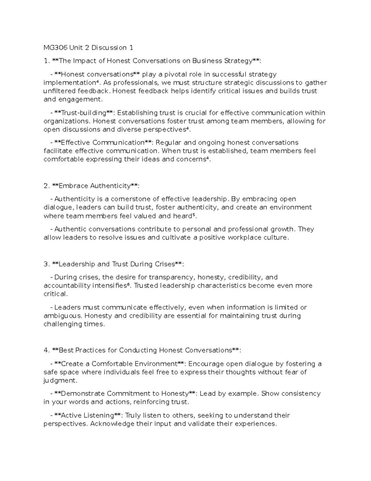 MG306 Unit 2 Discussin 1 - MG306 Unit 2 Discussion 1 The Impact of Honest Conversations on ...