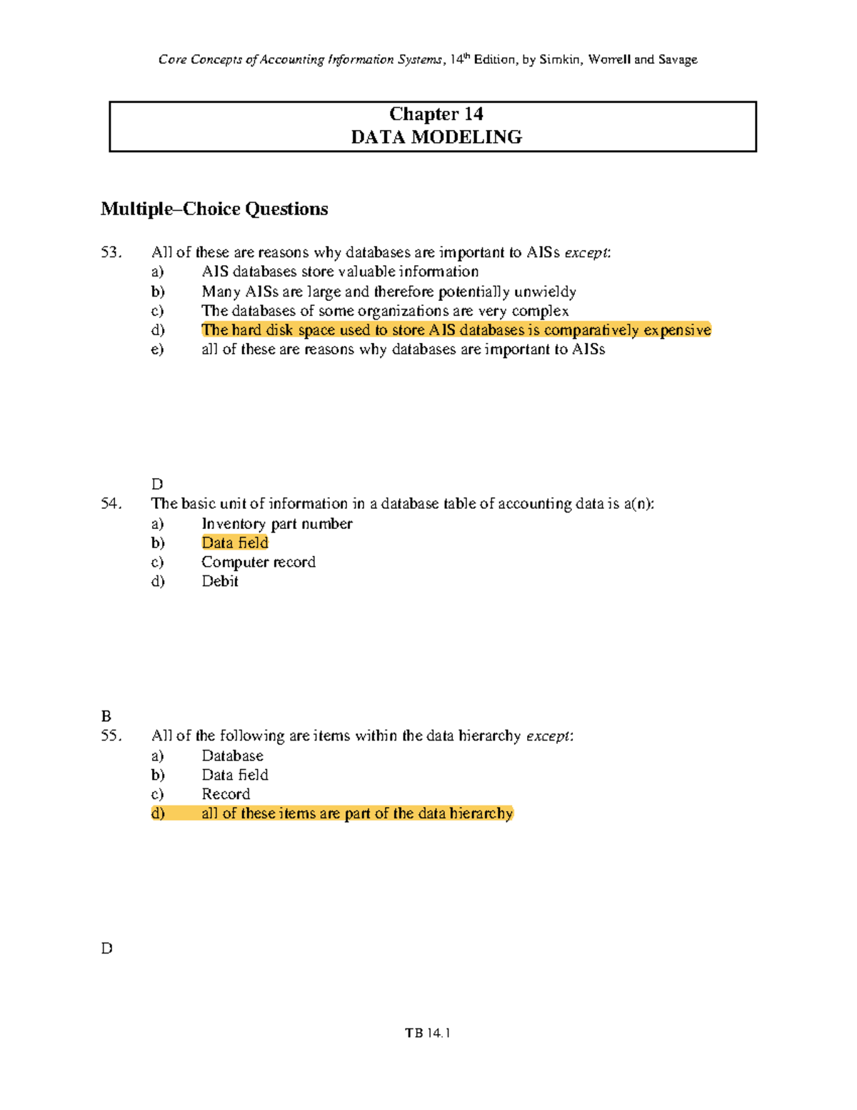 Anwsers AISpdf - XSDJAX - Chapter 14 DATA MODELING Multiple–Choice ...