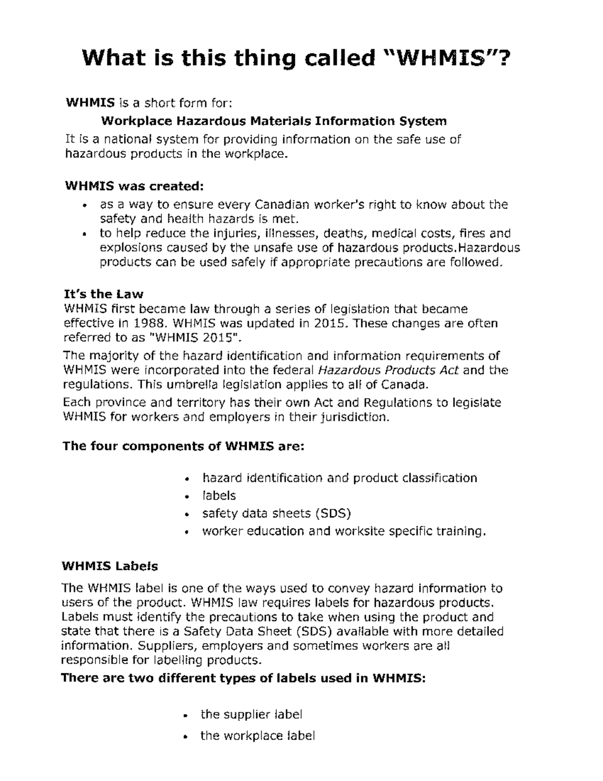 Whmis Worksheet Package - Ali Younes - Biol 239 - Studocu