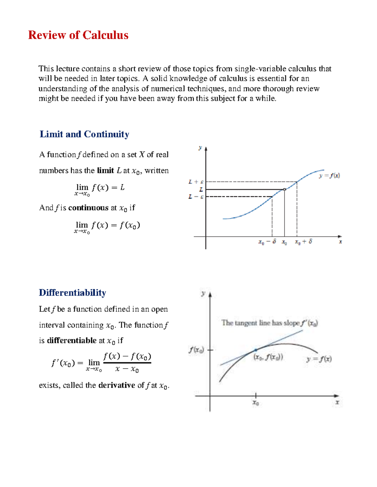 Review of Calculus - //// - Review of Calculus This lecture contains a ...
