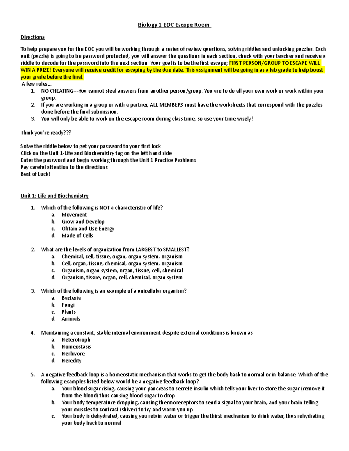 Biology+1+EOC+Escape+Room - Biology 1 EOC Escape Room Directions To ...