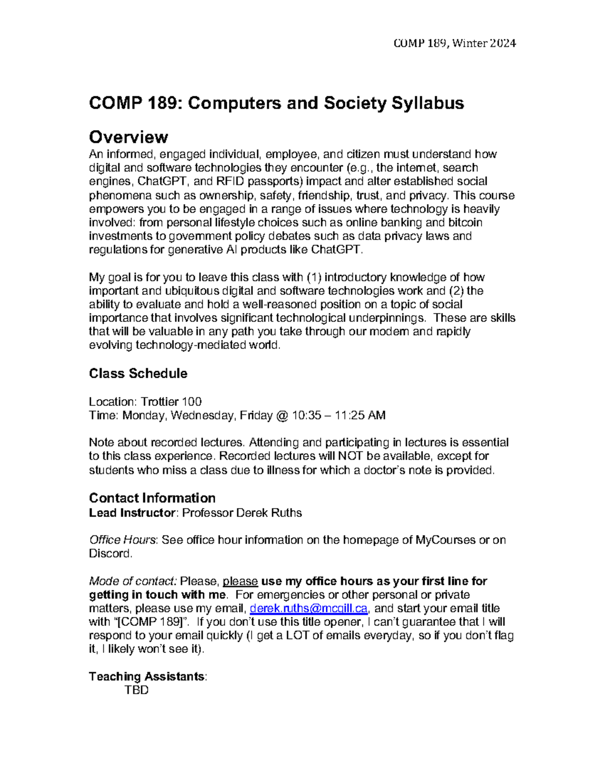 COMP 189 - 2024 Syllabus v1 - COMP 189 : Computers and Society Syllabus ...