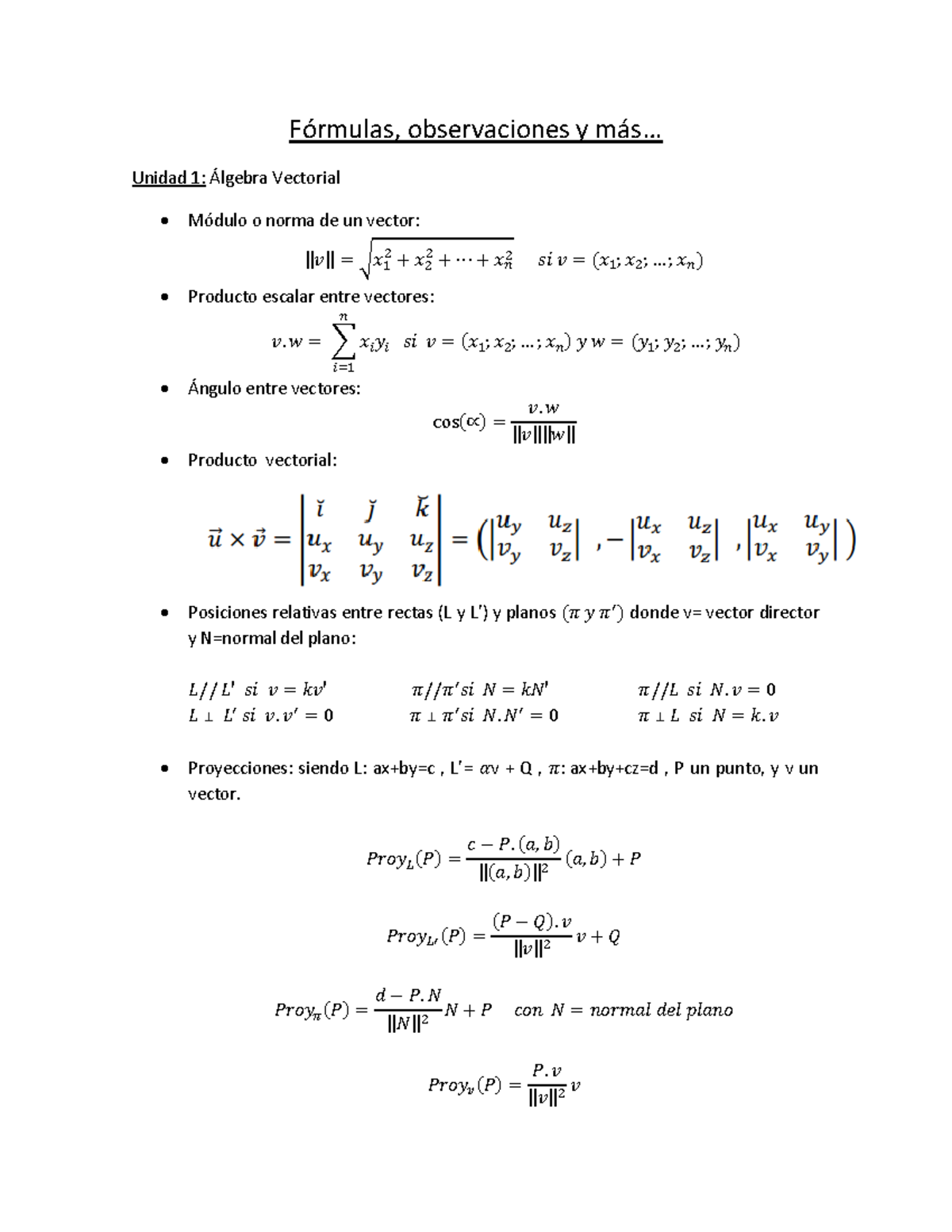 Formulas A27 - FÛrmulas, observaciones y m·s& Unidad 1: ¡lgebra Vectorial MÛdulo o norma de un ...