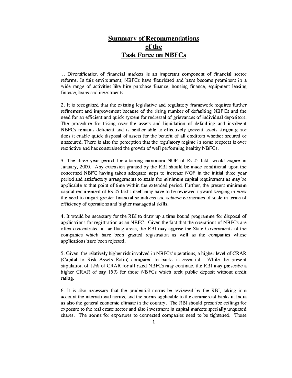 Task force - Summary of Recommendations of the Task Force on NBFCs ...