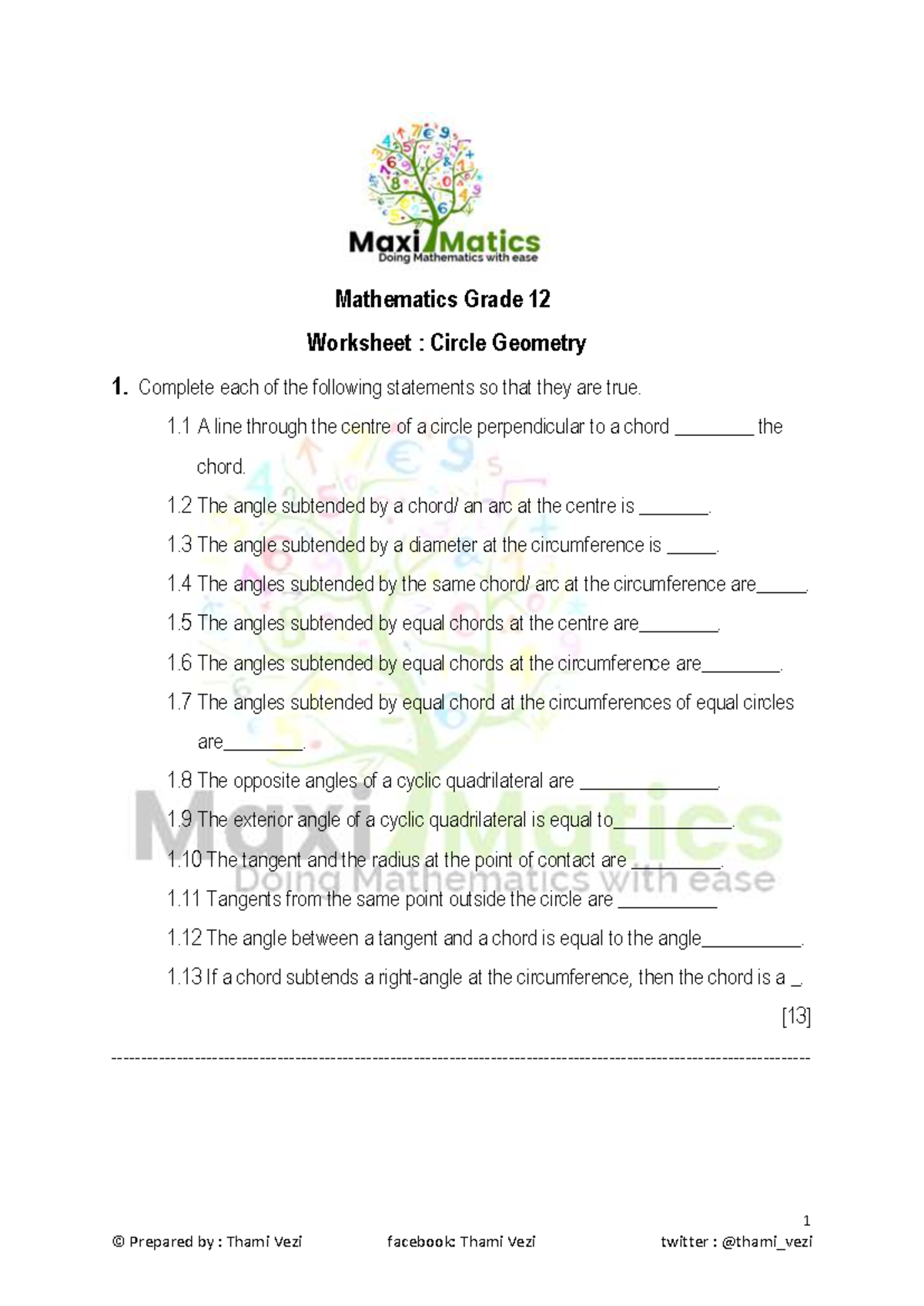 Worksheet Circle Geometry - 1 Mathematics Grade 12 Worksheet : Circle ...