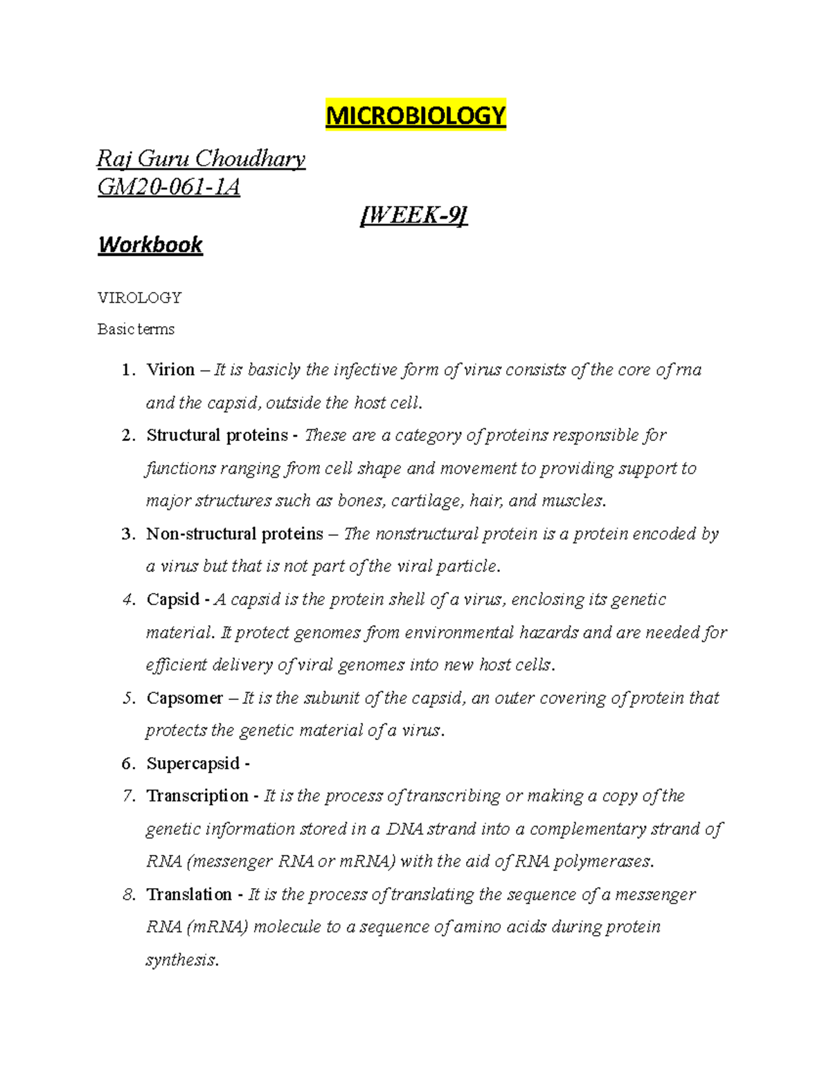 Microbiology workbook - MICROBIOLOGY Raj Guru Choudhary GM20-061-1A ...