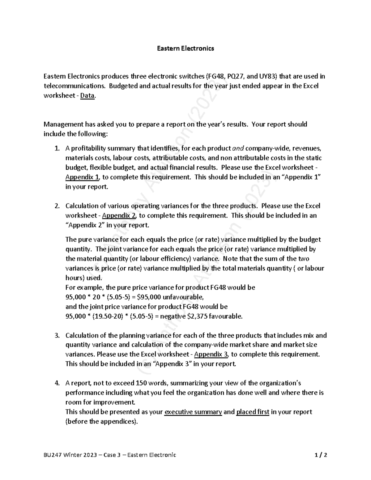 Case 3 - Eastern Electronics - BU247 Winter 2023 – Case 3 – Eastern ...