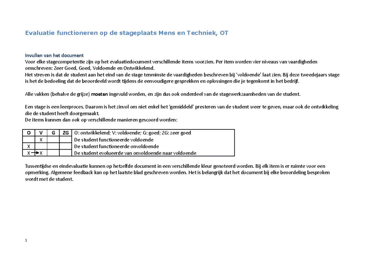 Evaluatieformulier functioneren op de stageplaats - Evaluatie ...