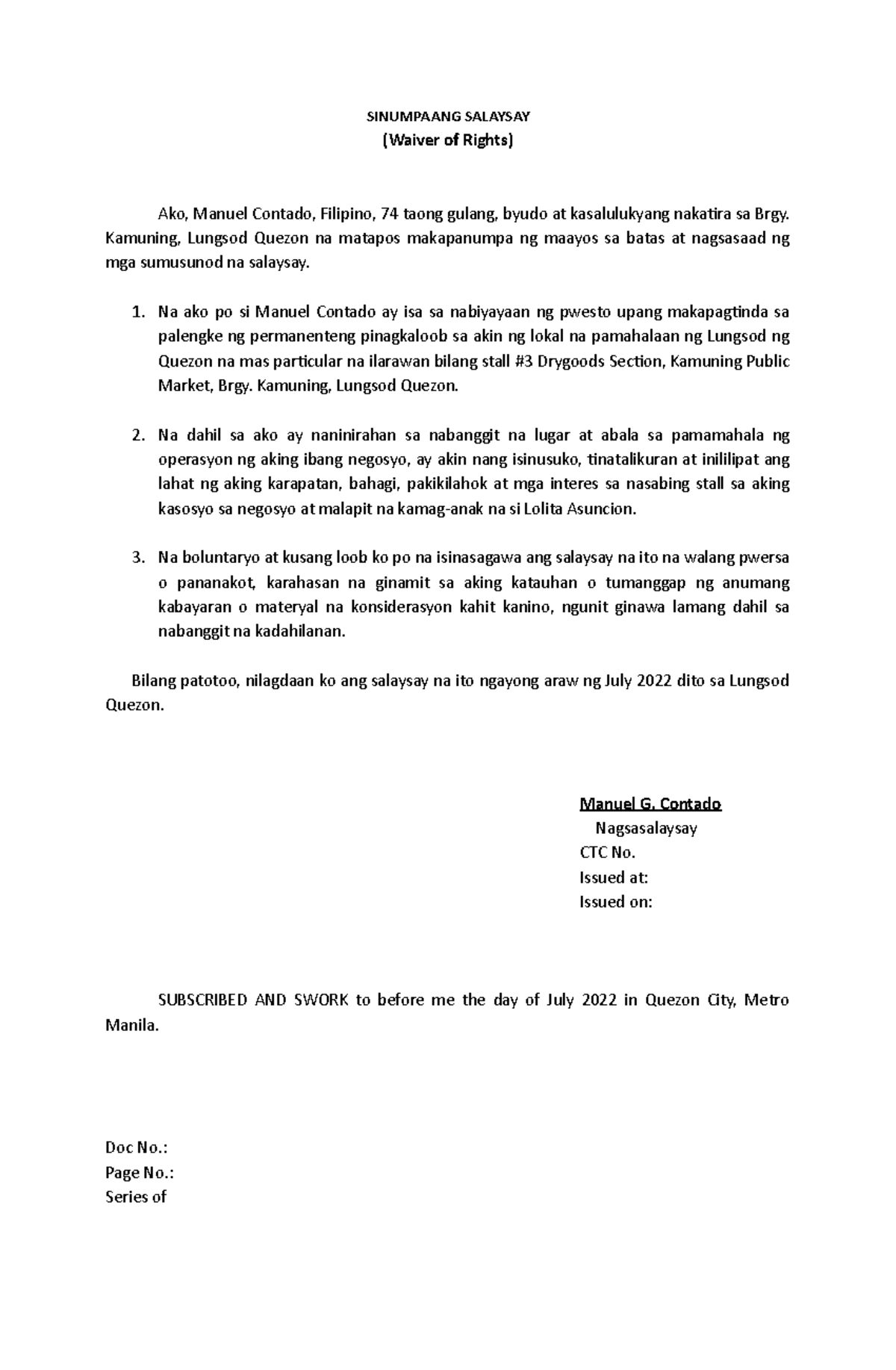 Sinumpaang Salaysay - SINUMPAANG SALAYSAY (Waiver of Rights) Ako ...