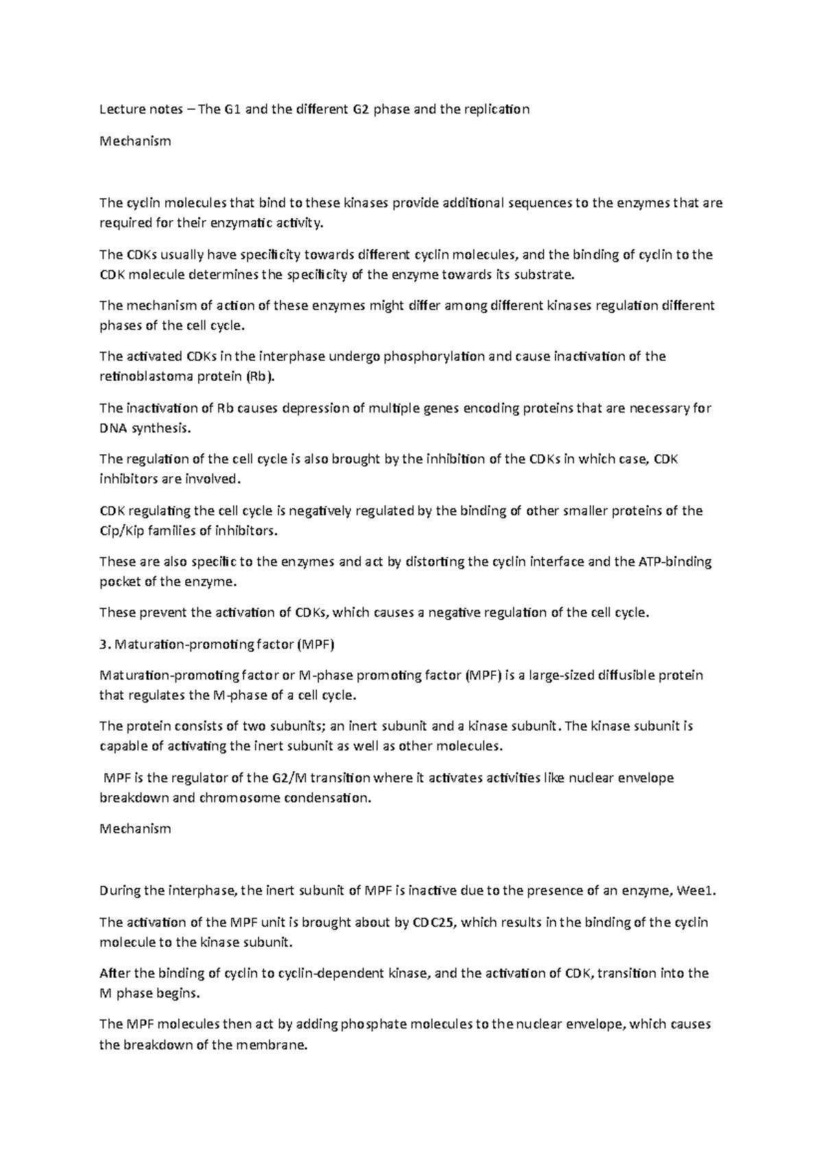 Lecture notes – The G1 and the different G2 phase and the replication ...