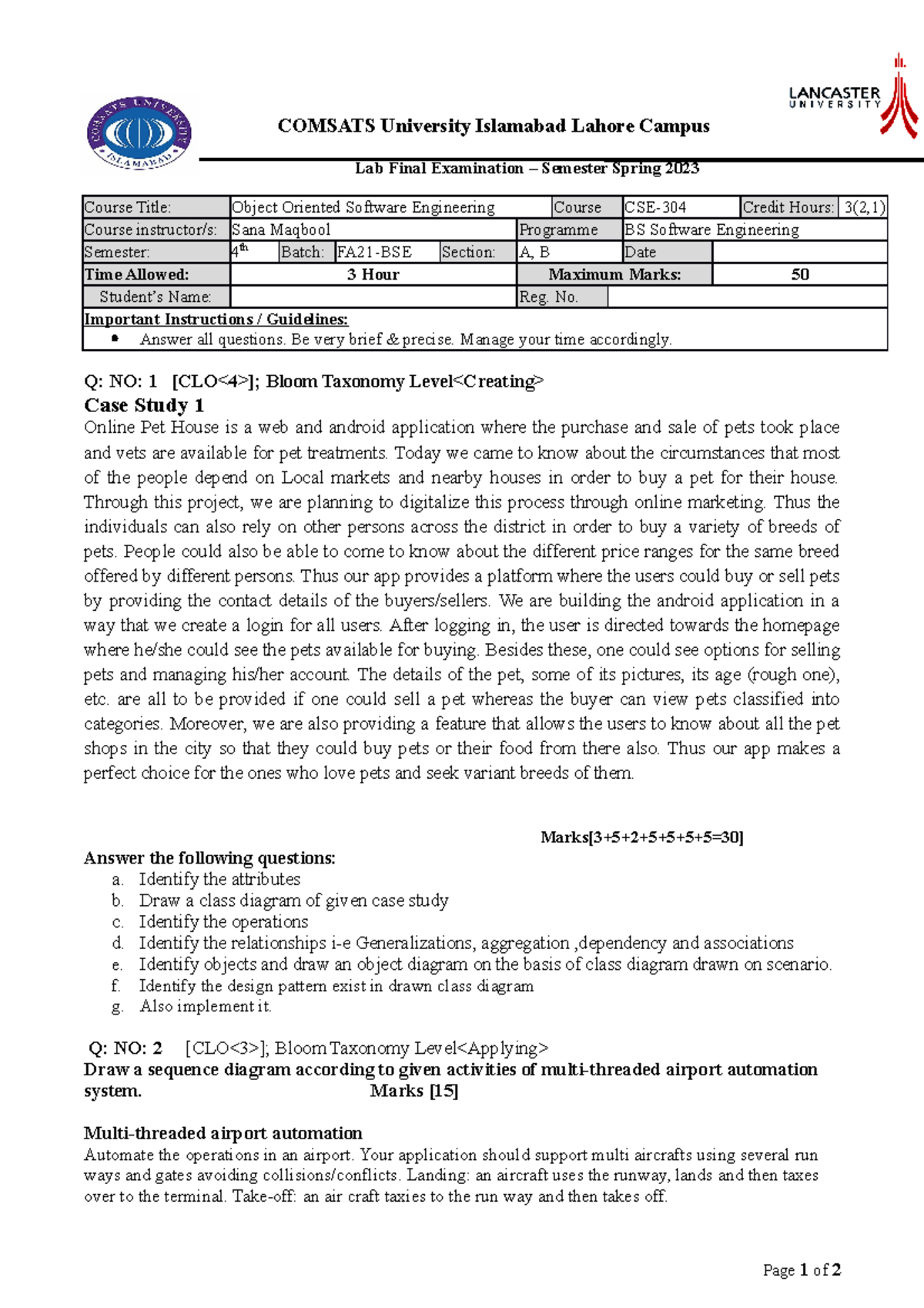 Lab Final Sp23 Oose Comsats University Islamabad Lahore Campus Lab Final Examination