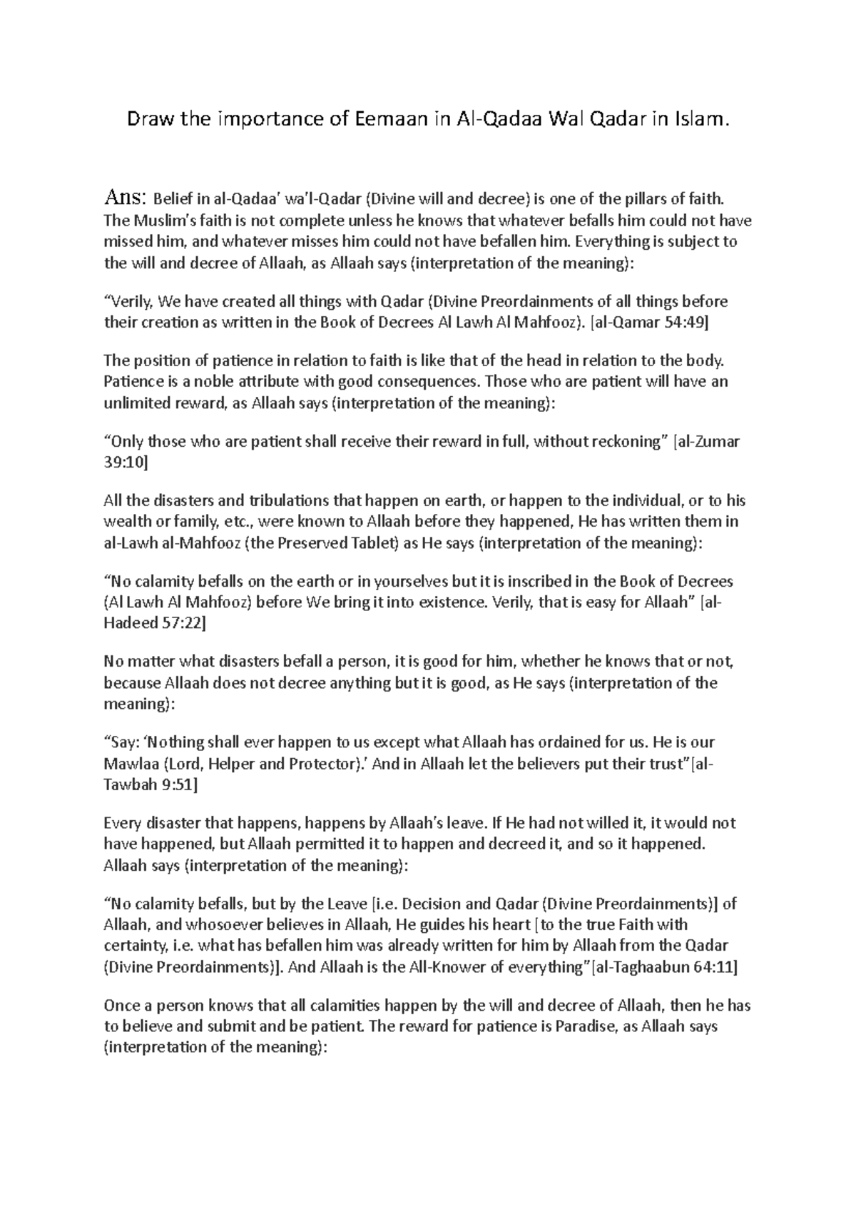 Islamiat Assignment 1 - Draw the importance of Eemaan in Al-Qadaa Wal ...