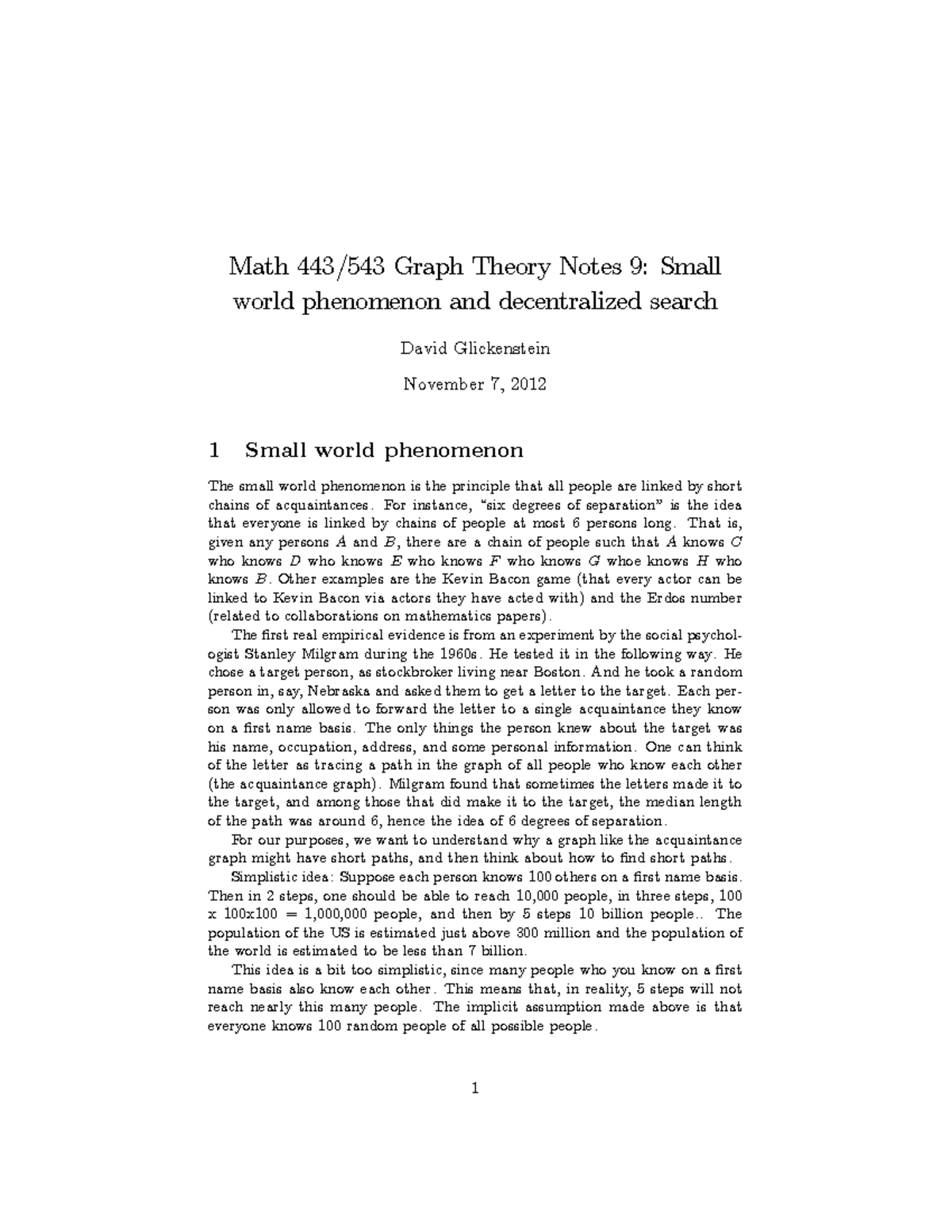 Notes 9 - Math Graph Theory Notes 9: Small world phenomenon and ...