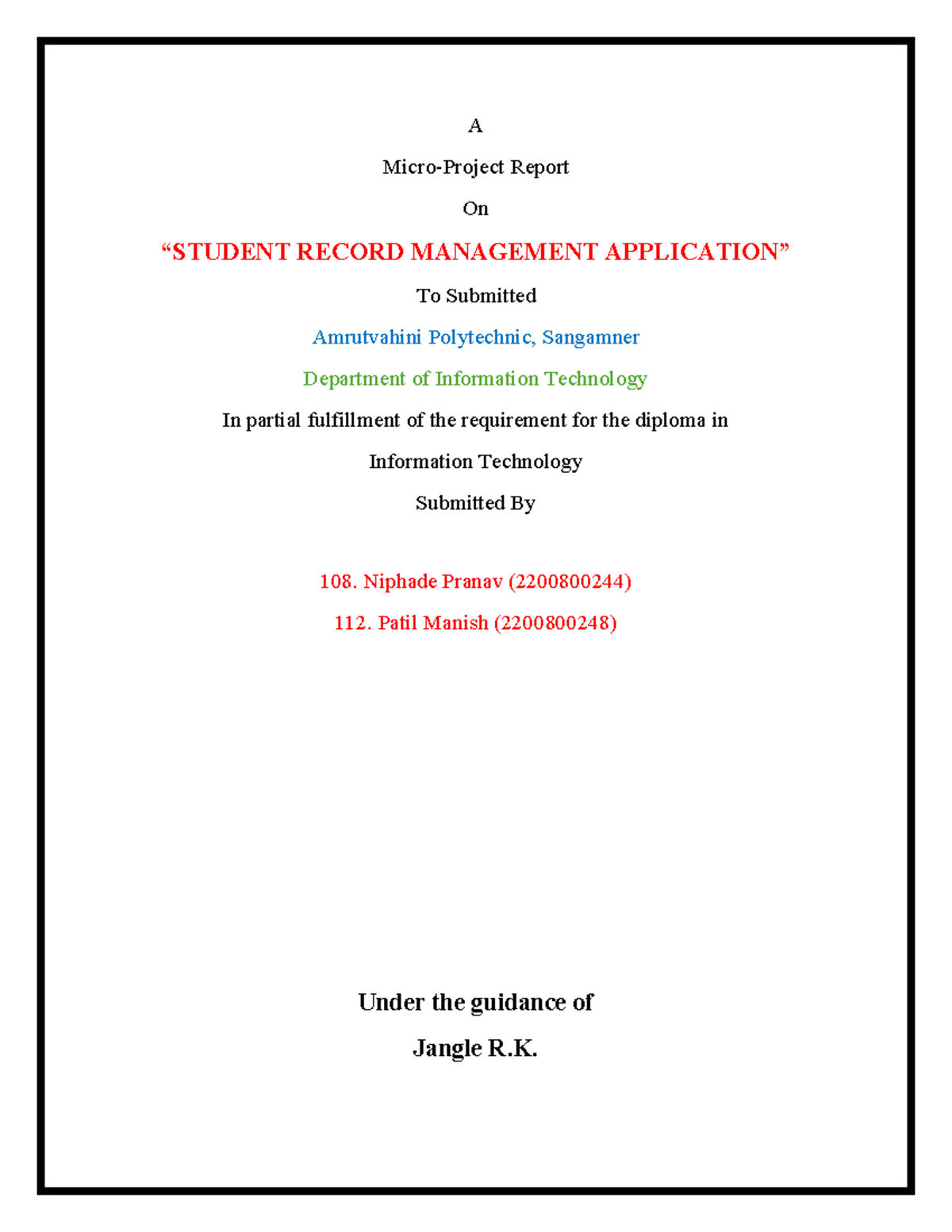 GAD Micro-Project - A Micro-Project Report On “STUDENT RECORD MANAGEMENT APPLICATION” To ...