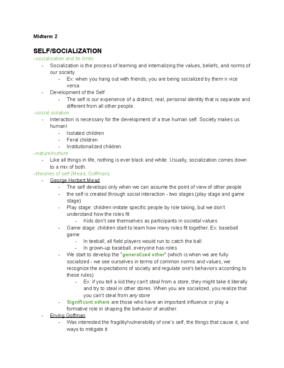 SOC Midterm 2 Study Sheet - Midterm 2 SELF/SOCIALIZATION –socialization ...