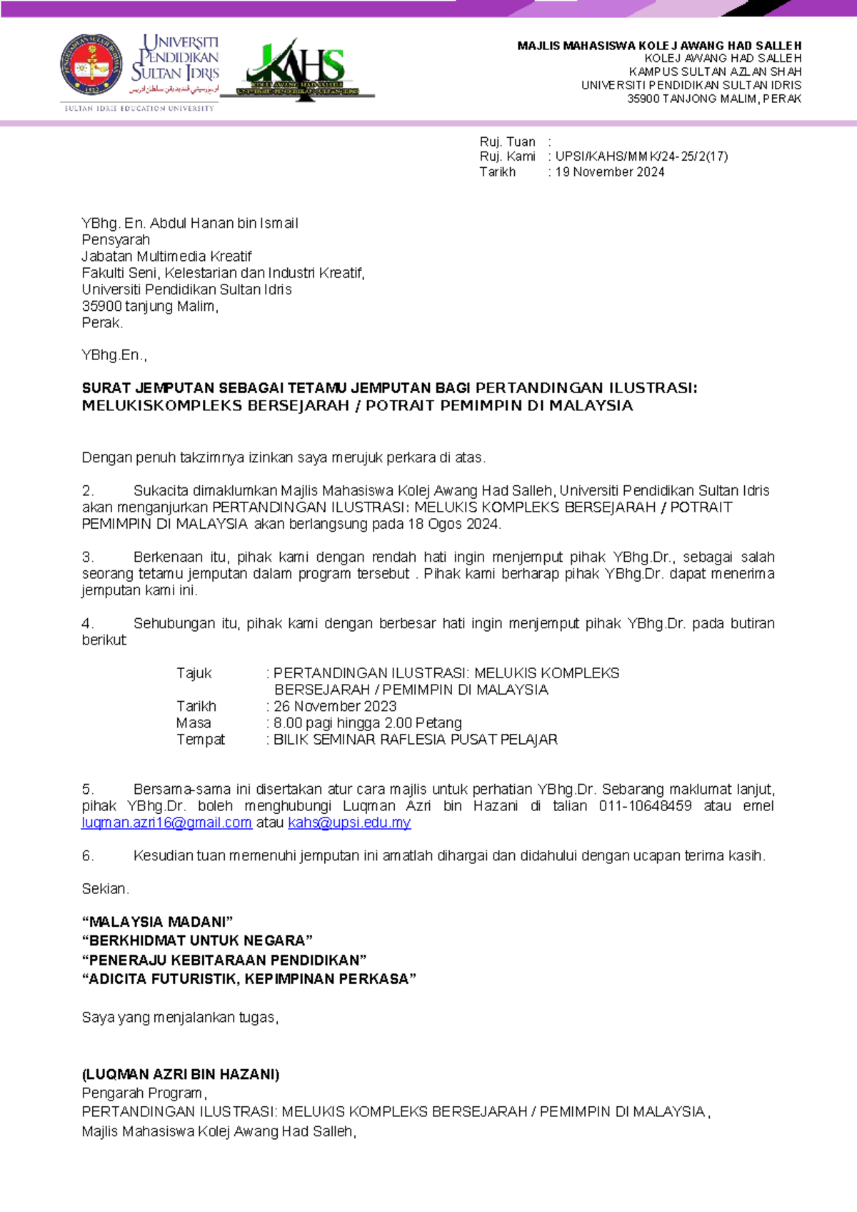 Surat - MAJLIS MAHASISWA KOLEJ AWANG HAD SALLEH KOLEJ AWANG HAD SALLEH ...