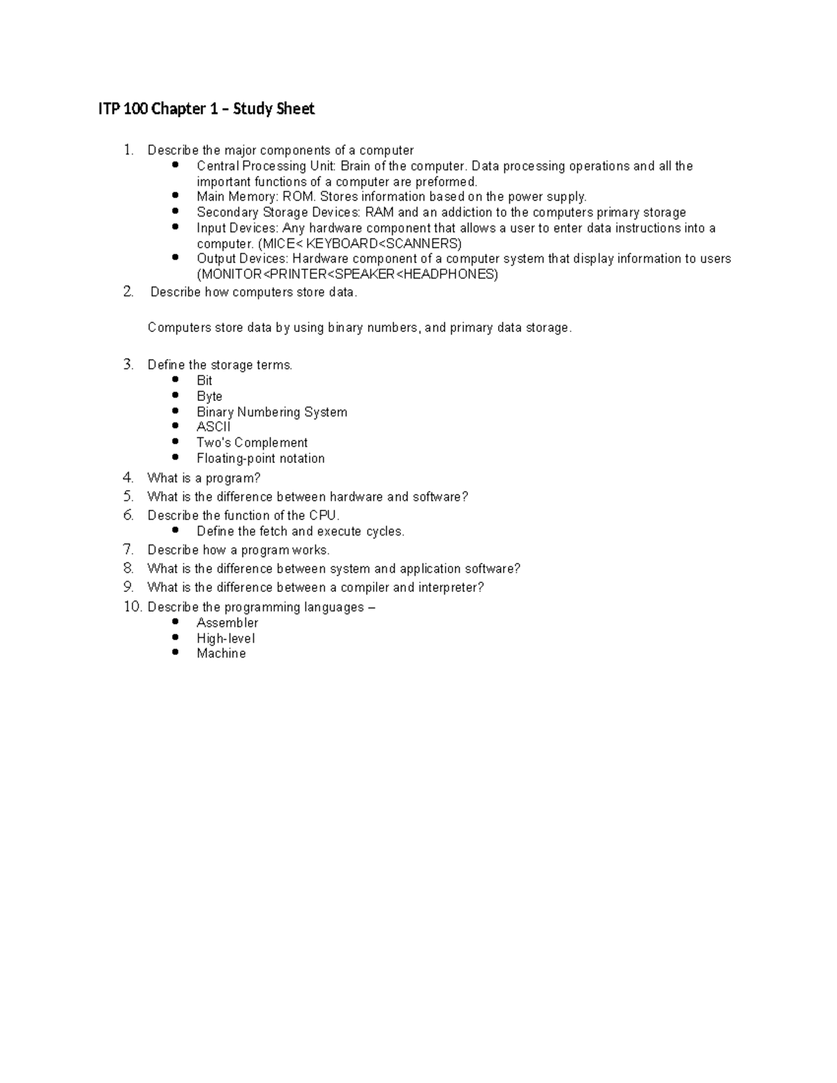 ITP 100 - Exam 1 Study Sheet - ITP 100 Chapter 1 – Study Sheet 1. Describe the major components ...