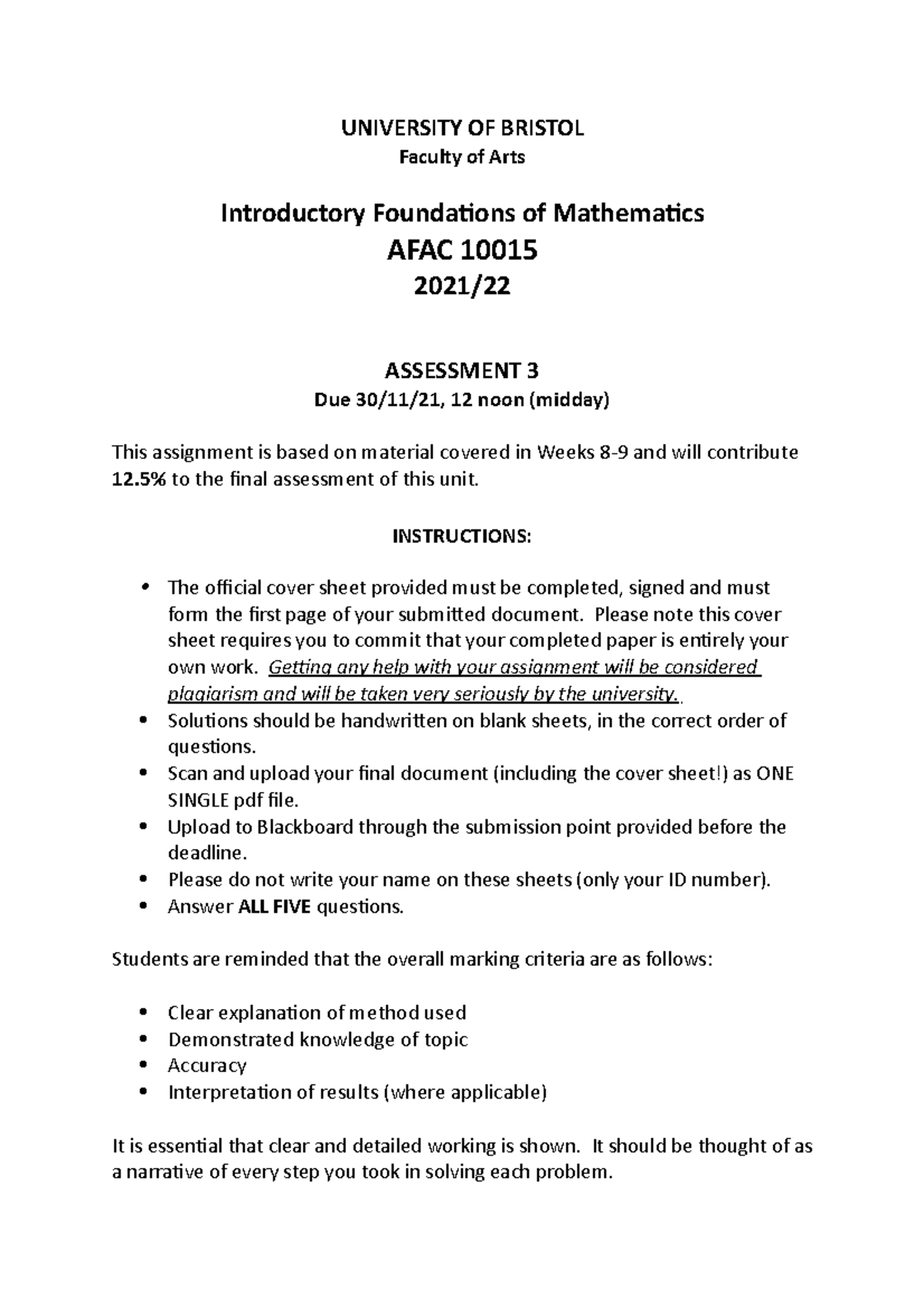 Introductory Foundations of Mathematics Assessment - Studocu